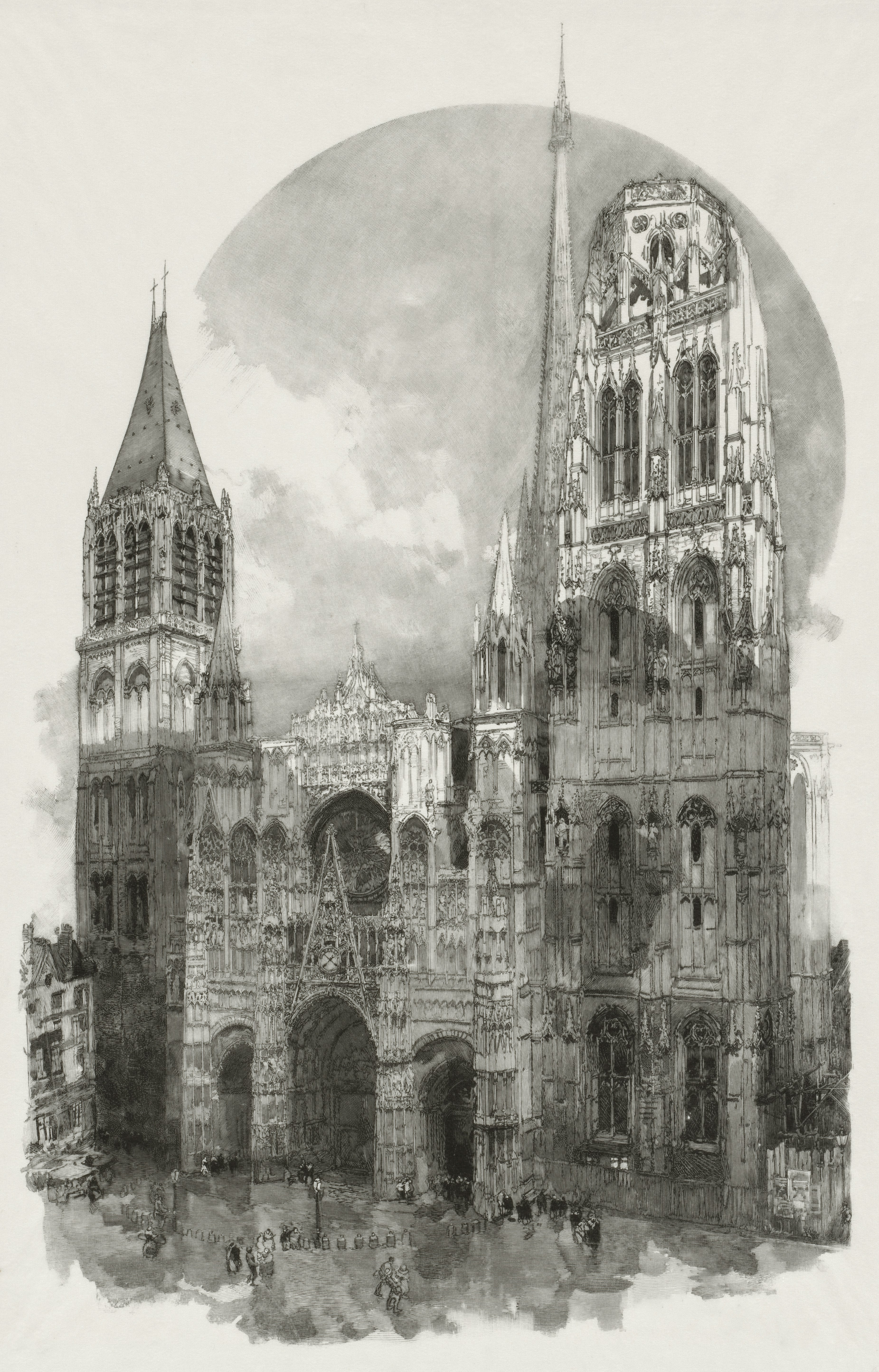 19th-century wood engraving of Rouen Cathedral with intricate Gothic details.