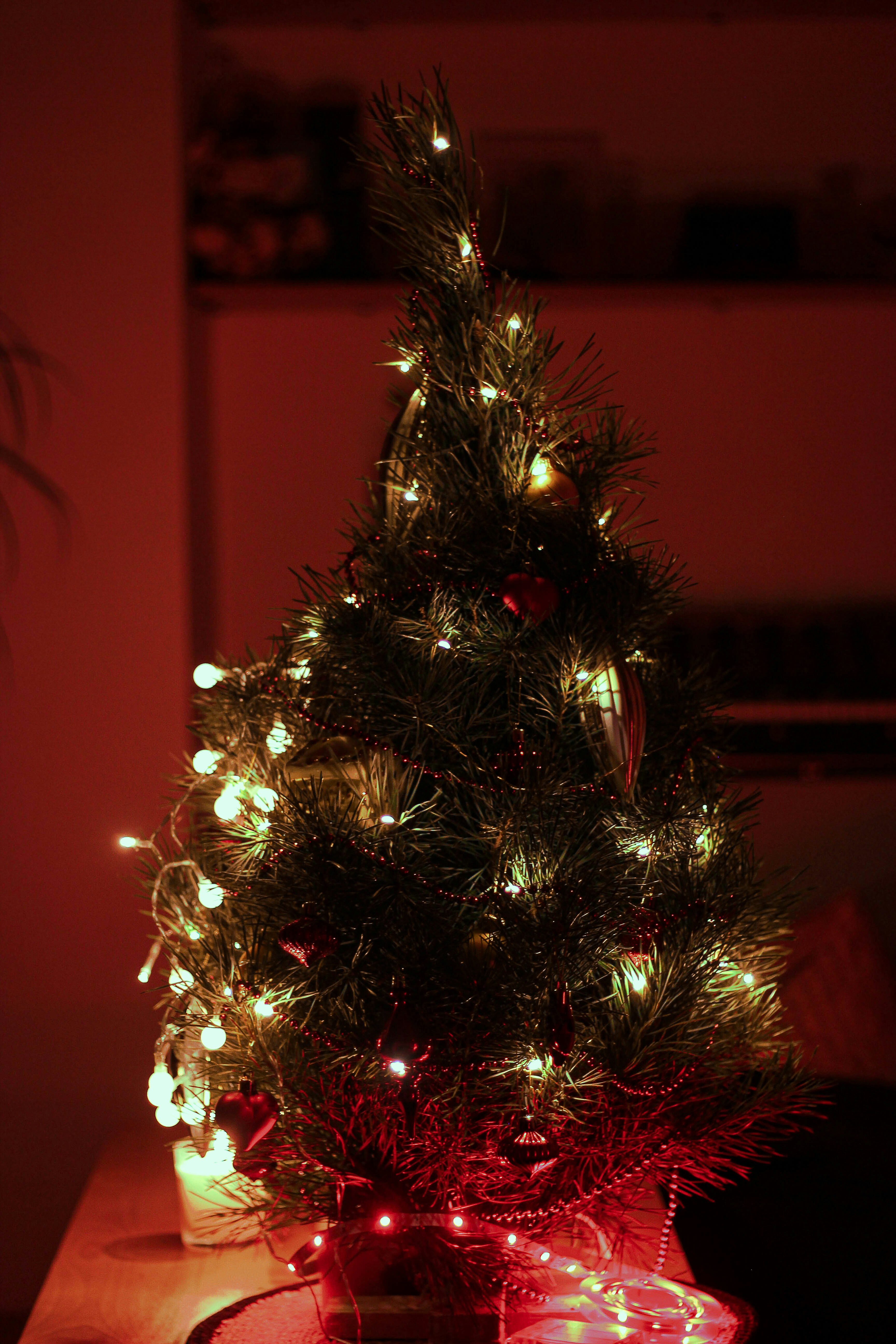 A beautifully decorated Christmas tree adorned with warm lights and ornaments, creating a cozy festive atmosphere.