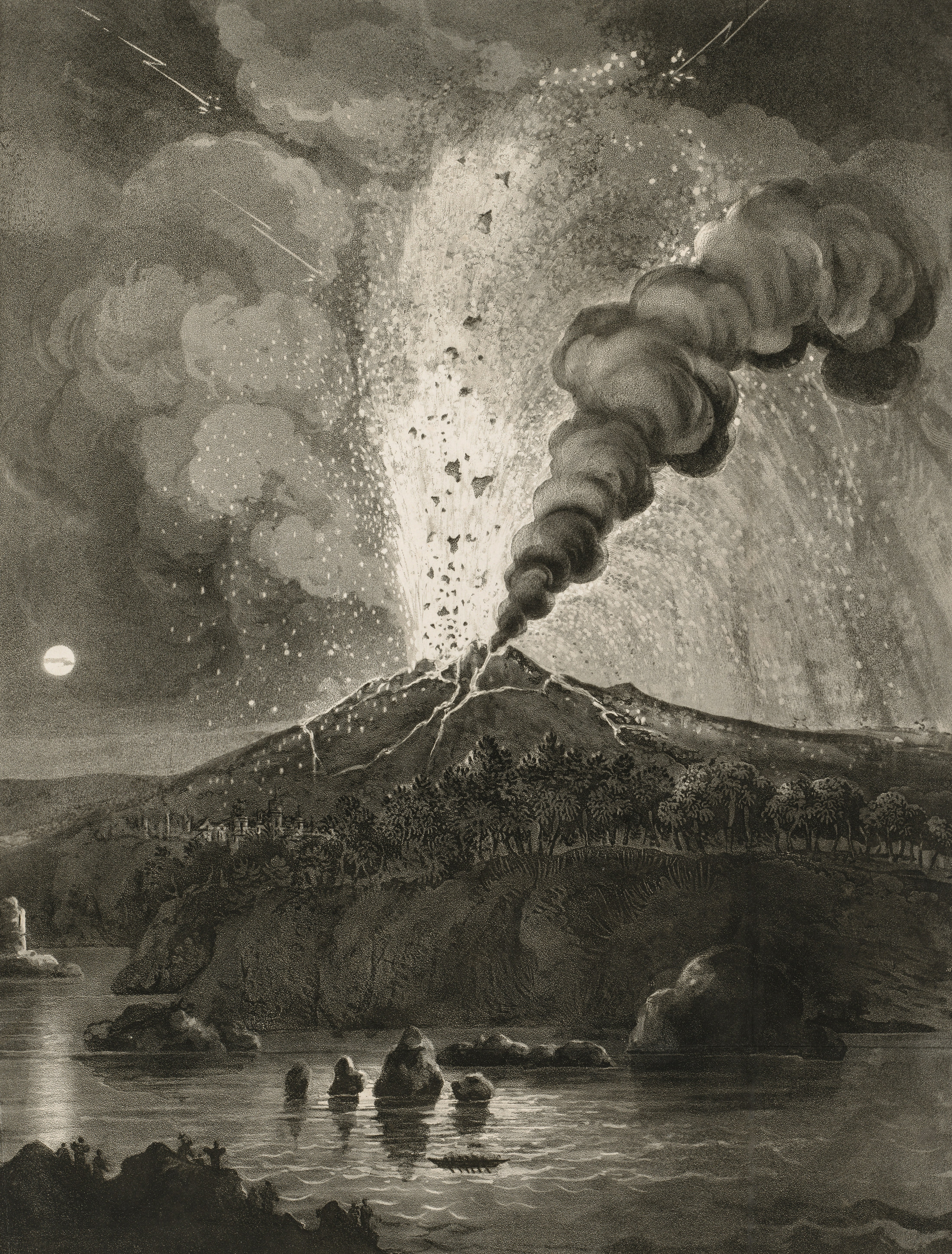 Lava Curtain Over Moonlit Isle: Eruption Framing a Coastal Vigil