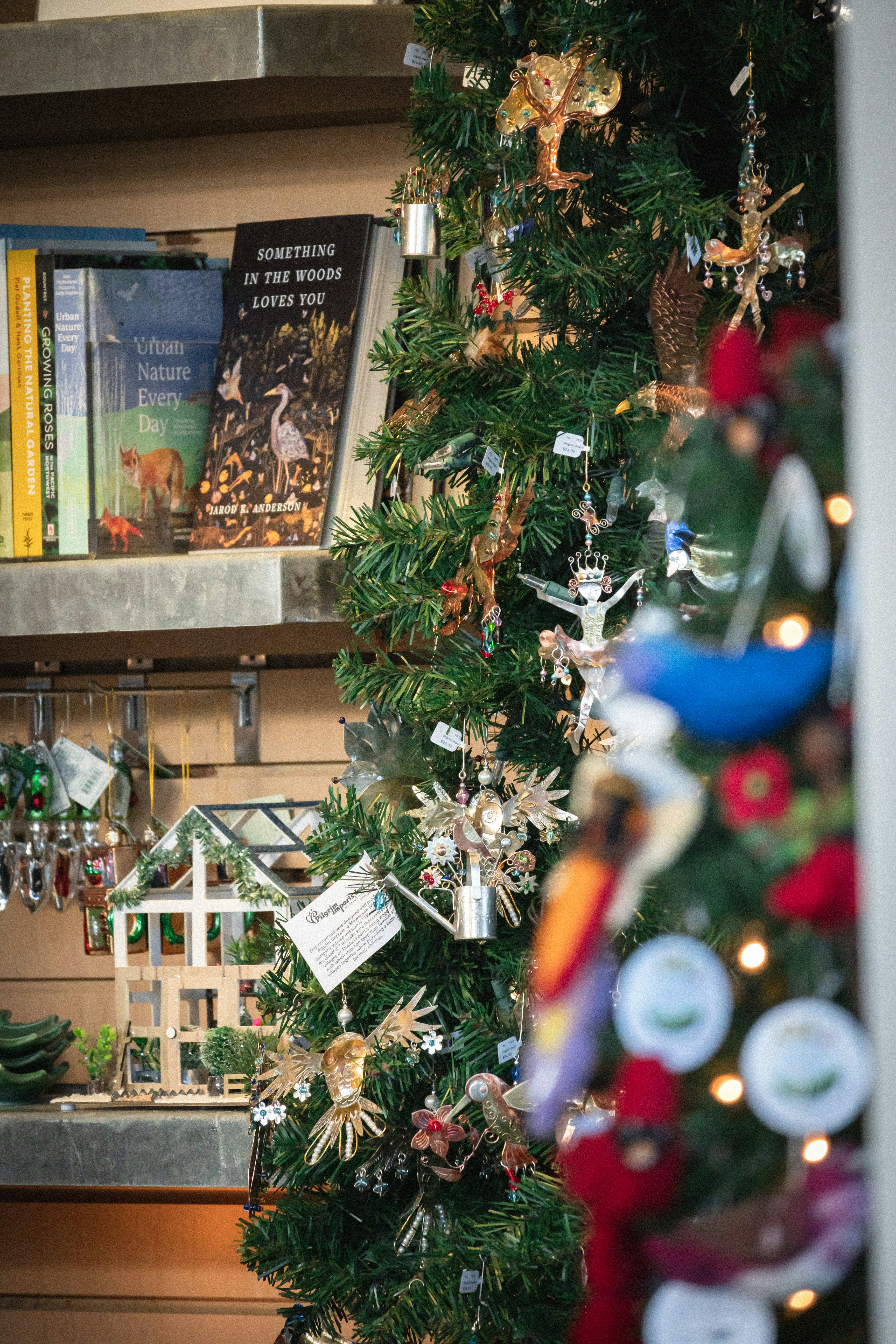 Ornamented Shelf: A Winter Mosaic of Books and Holiday Décor