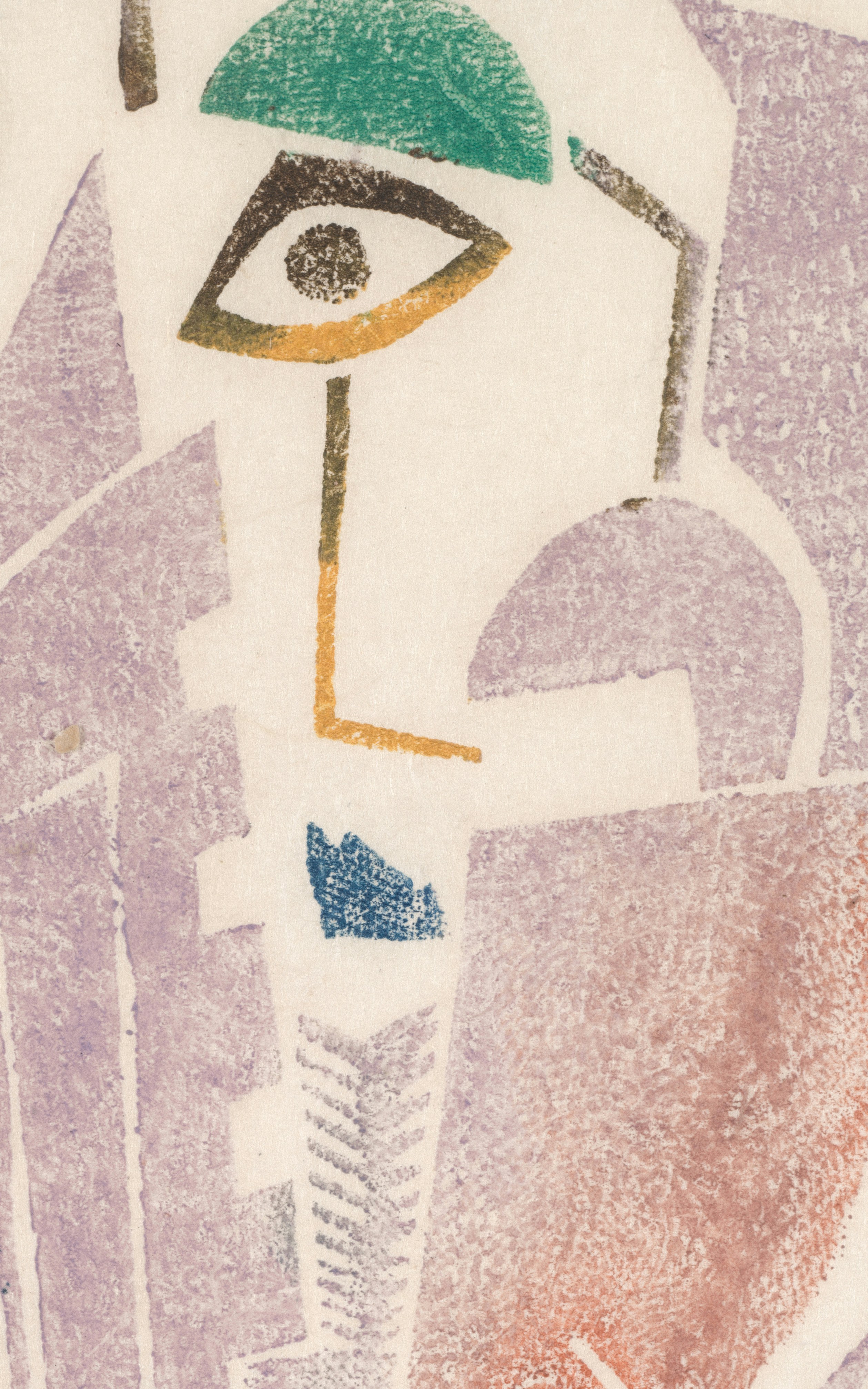 Abstract portrait with geometric design in green, lavender, and orange hues, inspired by early modernism.