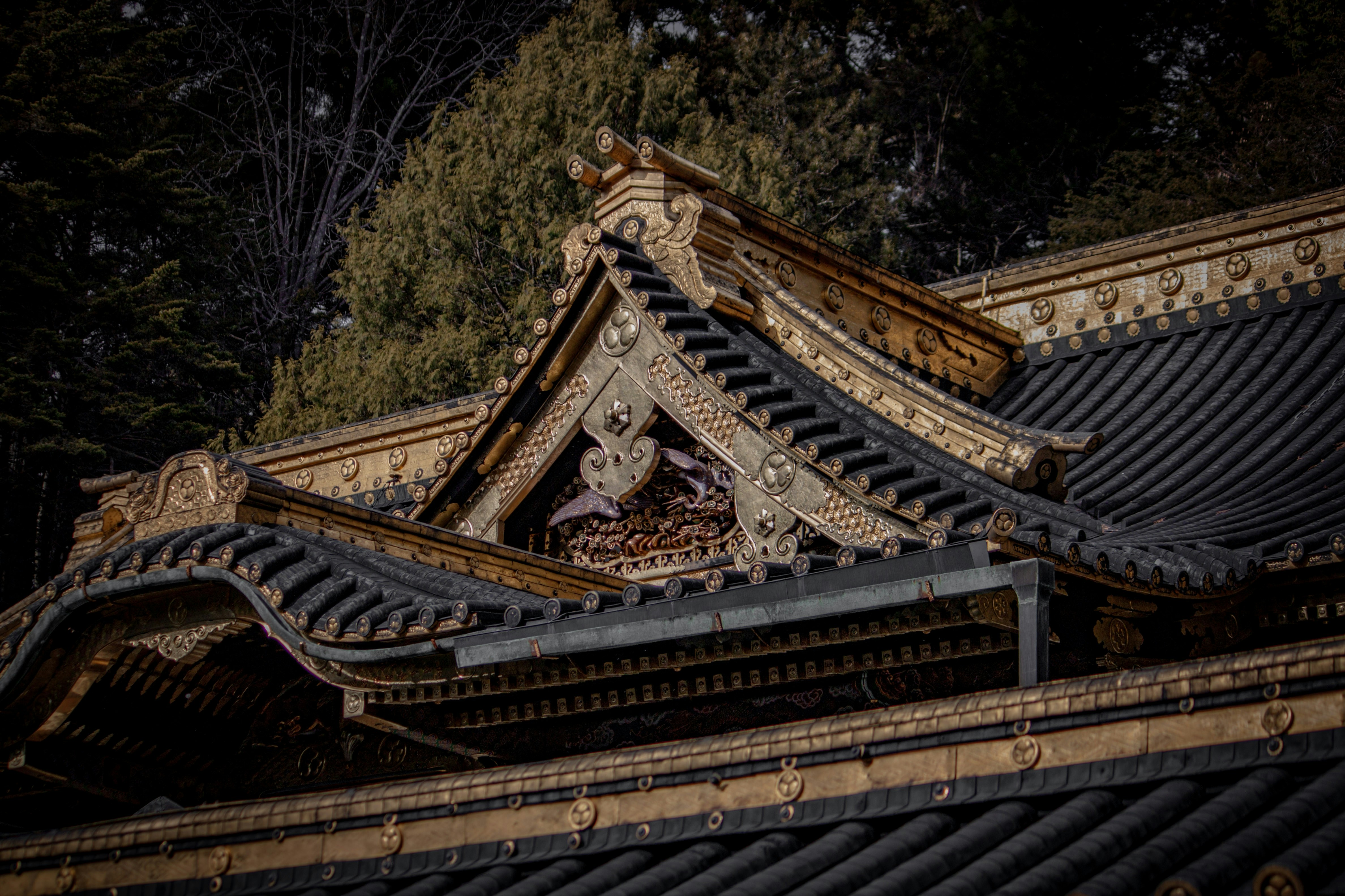 Ridgework Reverie: Ornate Golden Accents on a Quiet Temple Roof