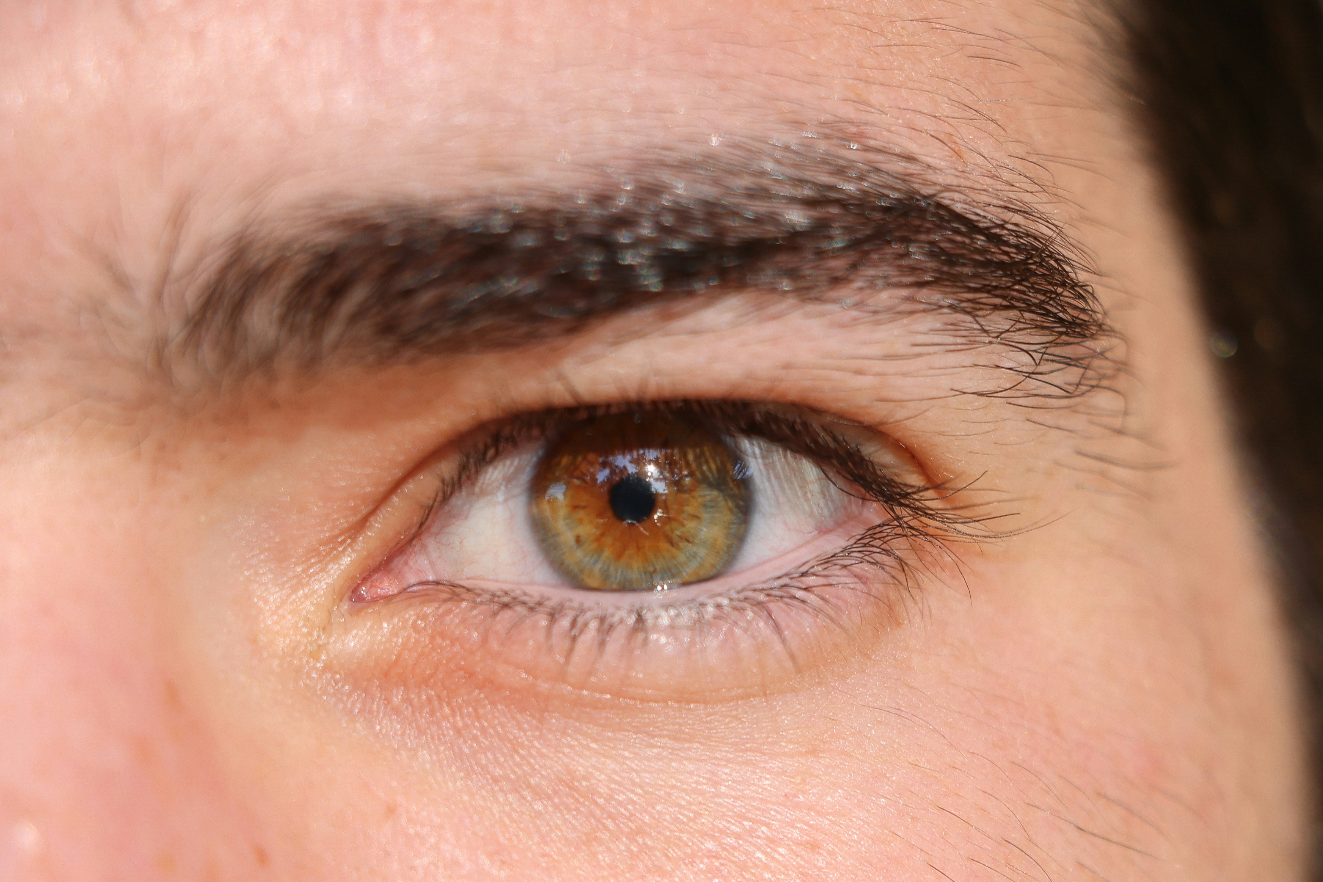 Close-up of a human eye showcasing intricate details and vibrant colors. The focus on the iris reveals a blend of green and brown hues.