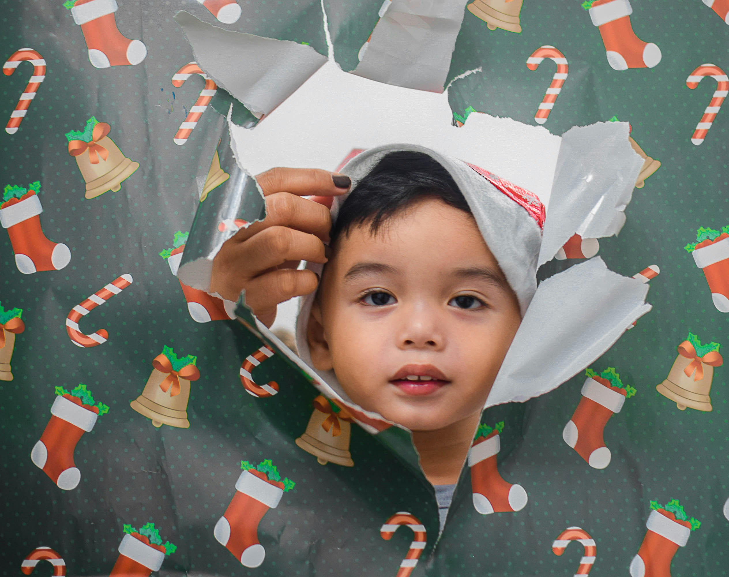 A young boy is hiding under a wrapping paper photo – Free Portrait ...