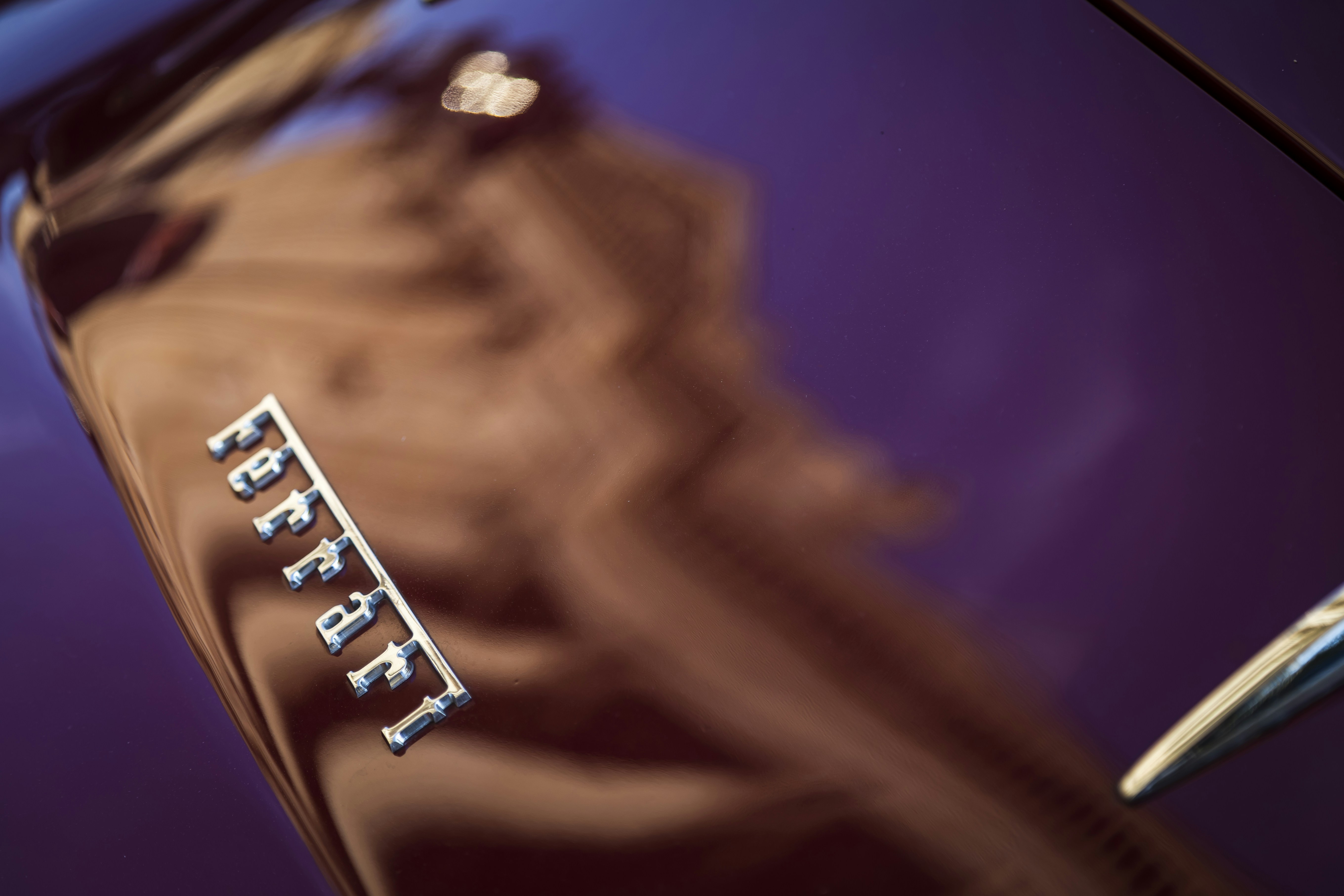 Violet Gloss and Chrome: The Fender Emblem on a Curved Guitar