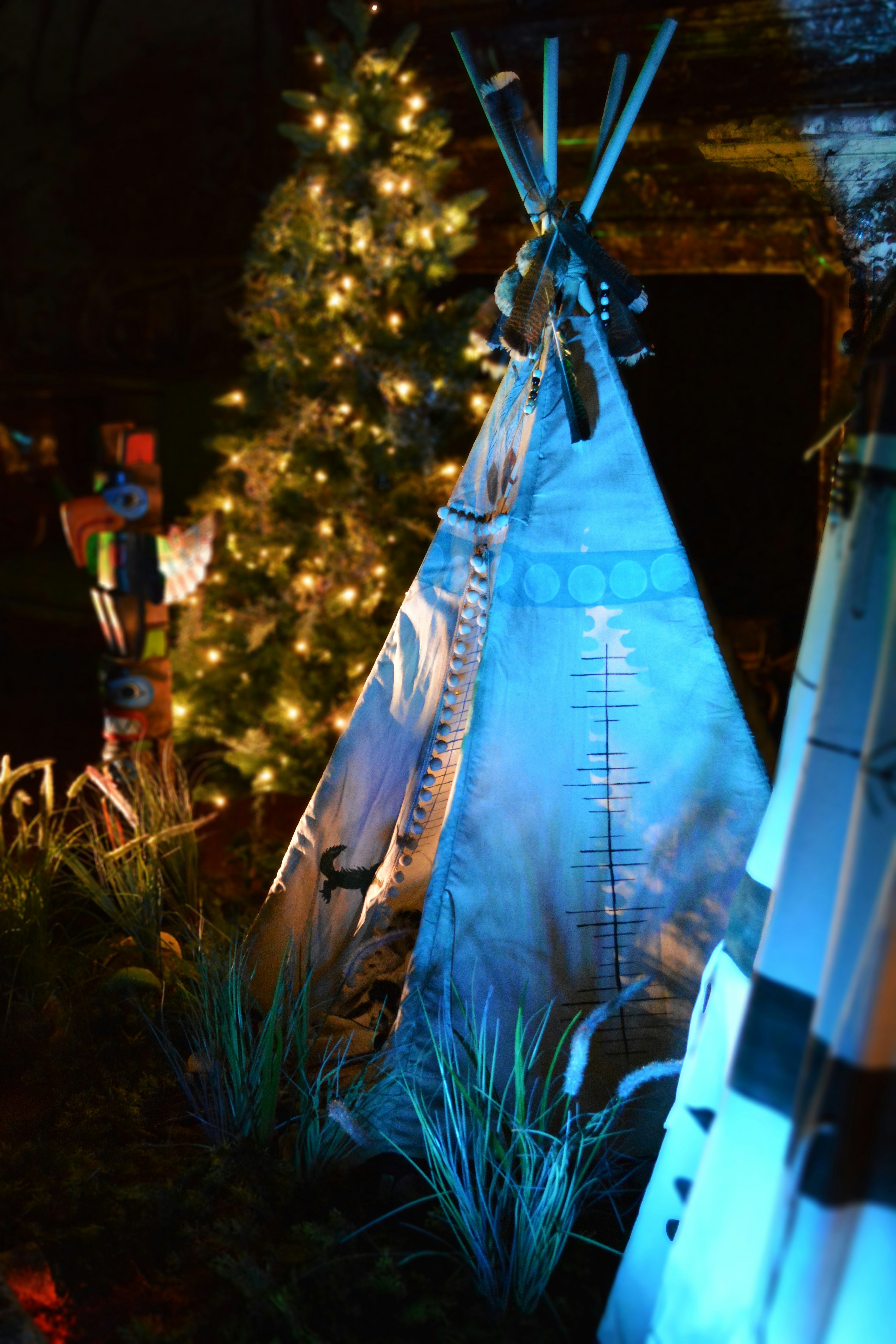 A teepee is lit up in front of a christmas tree photo – Free Christmas ...