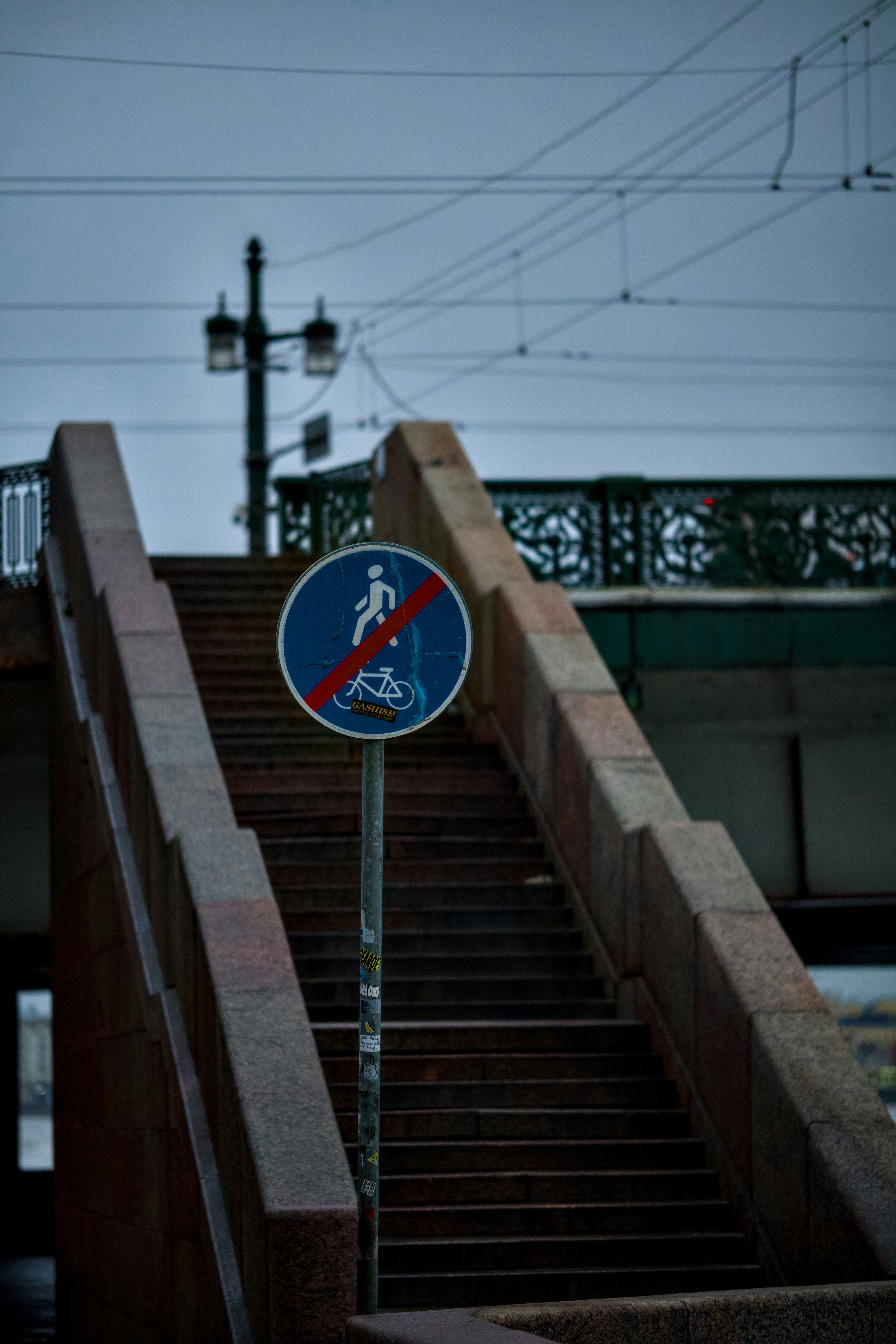 Blue No-Pedestrian Sign Guards the Urban Stairway Beneath the Bridge