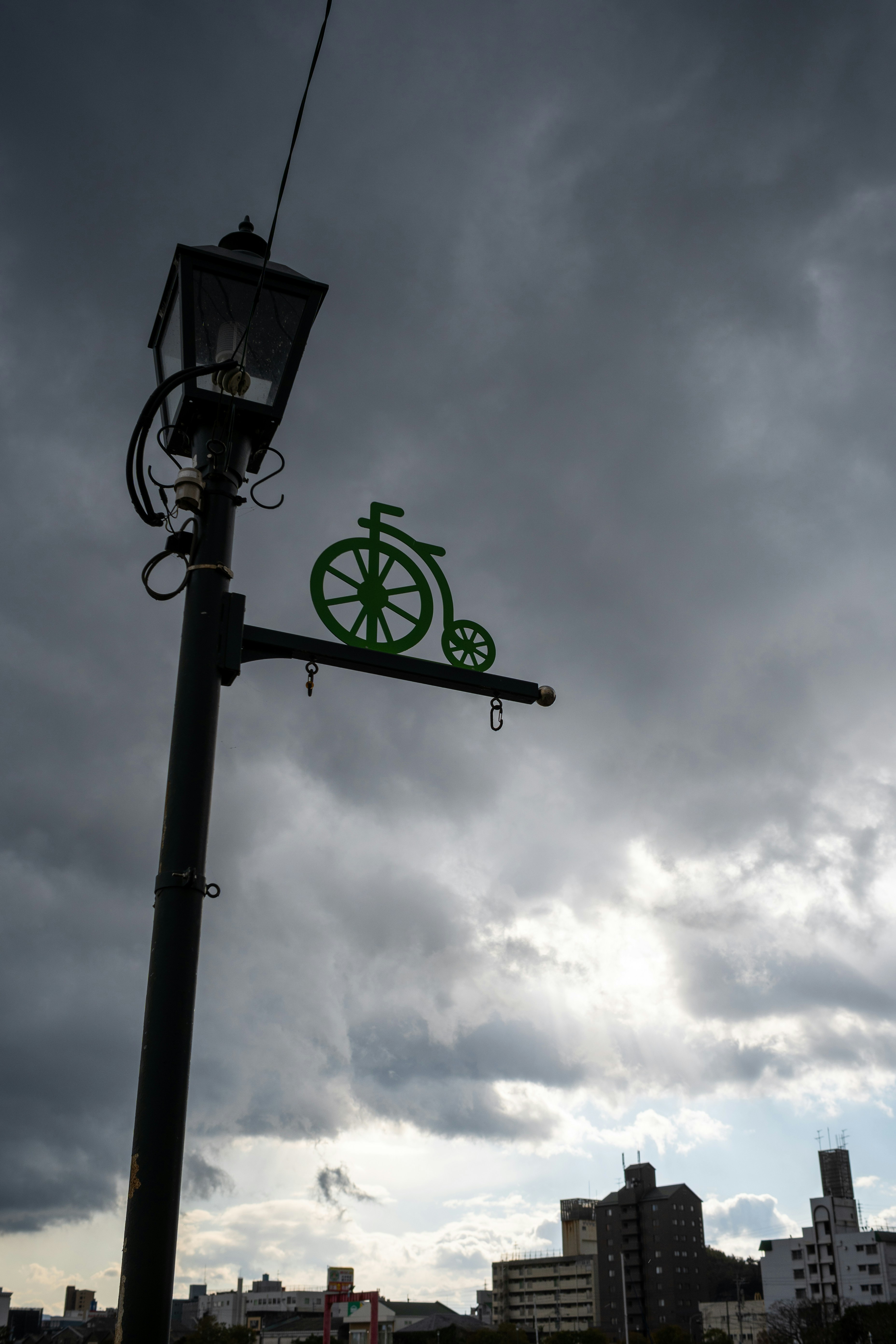 A vintage streetlamp supports a green bicycle emblem on a horizontal arm, set against a moody, cloud-filled urban backdrop.