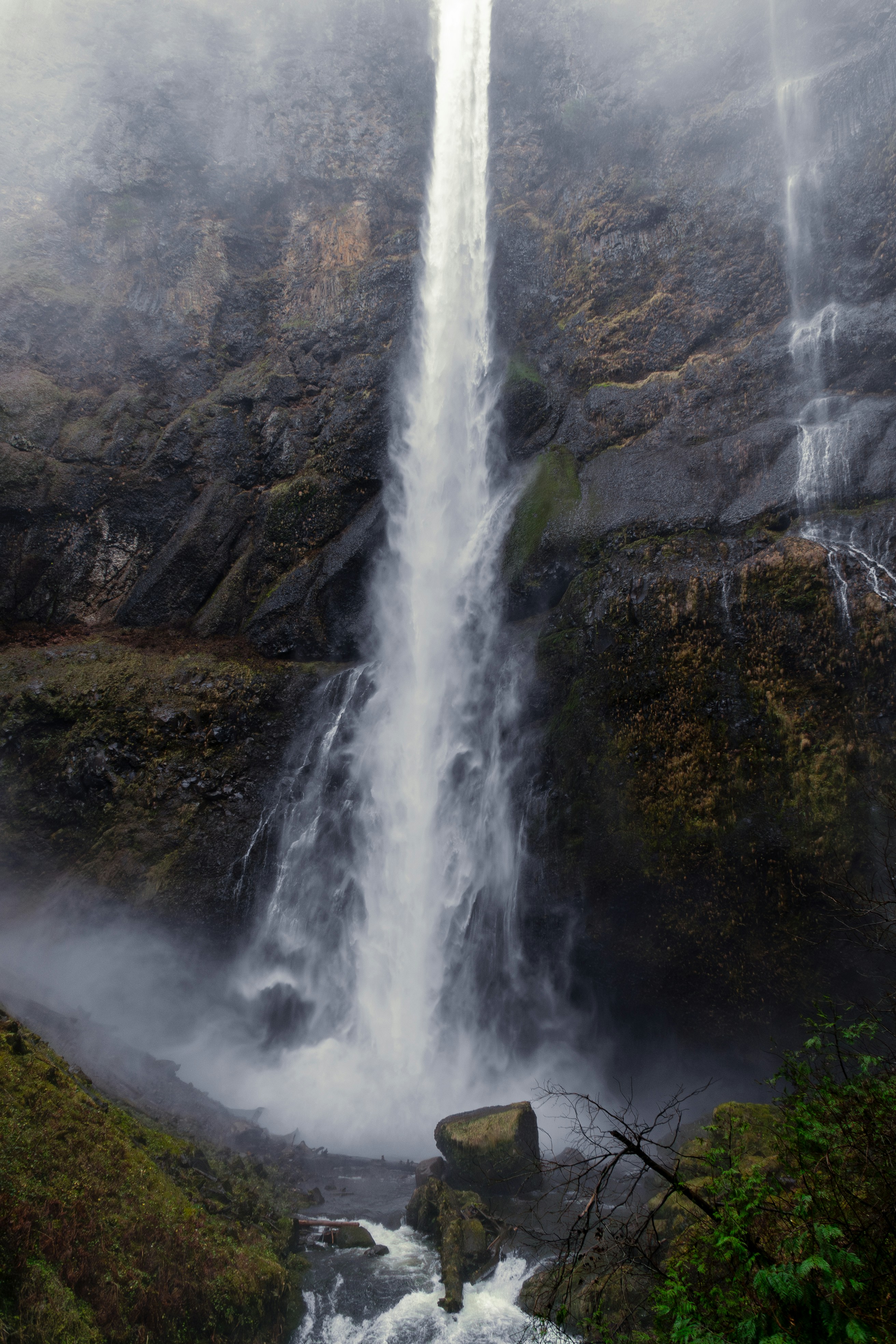 A very tall waterfall in the middle of a forest photo – Free Multnomah ...