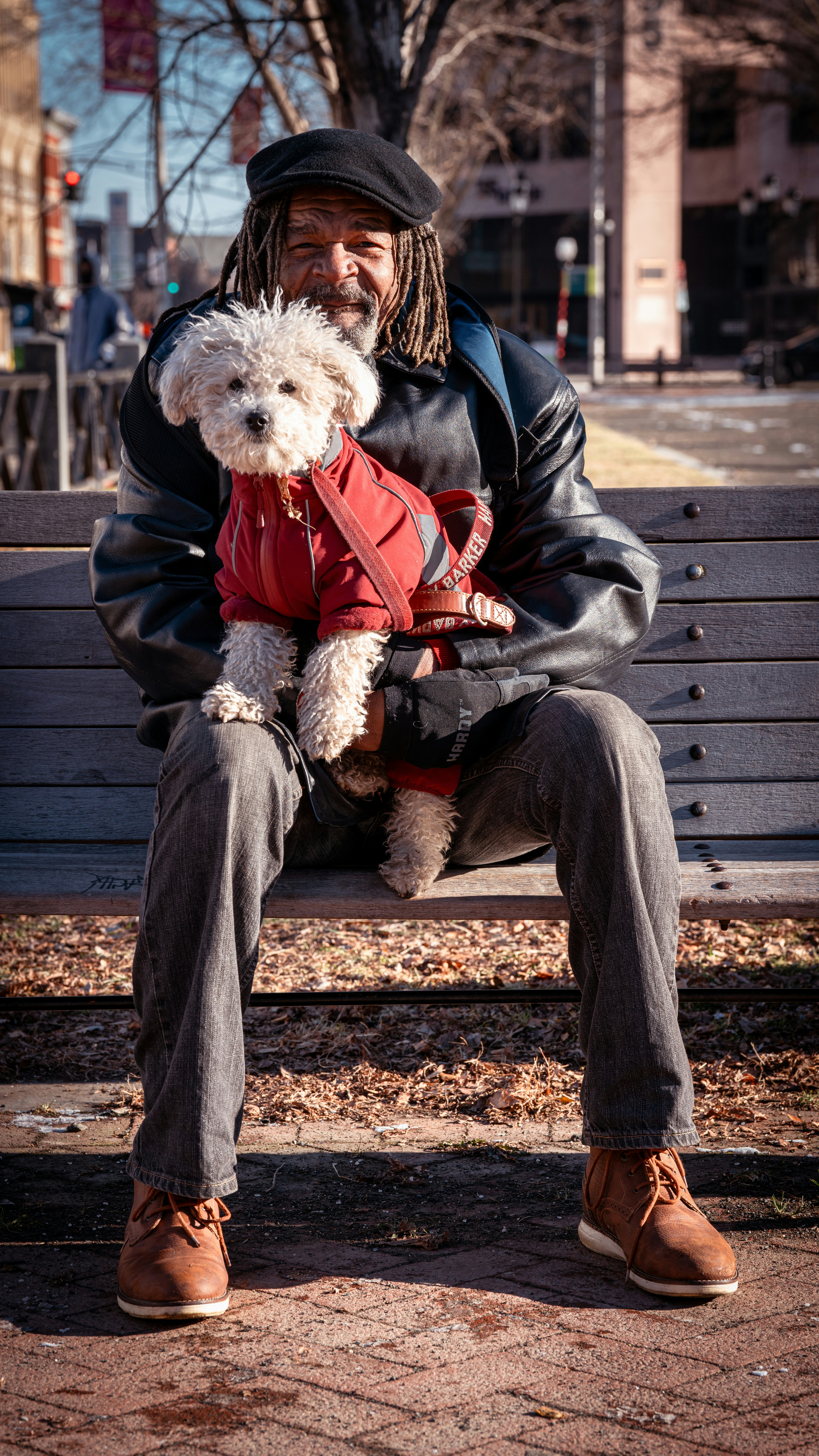 Red-Coated Pup and the City Bench: Quiet Warmth in a Winter Street Scene