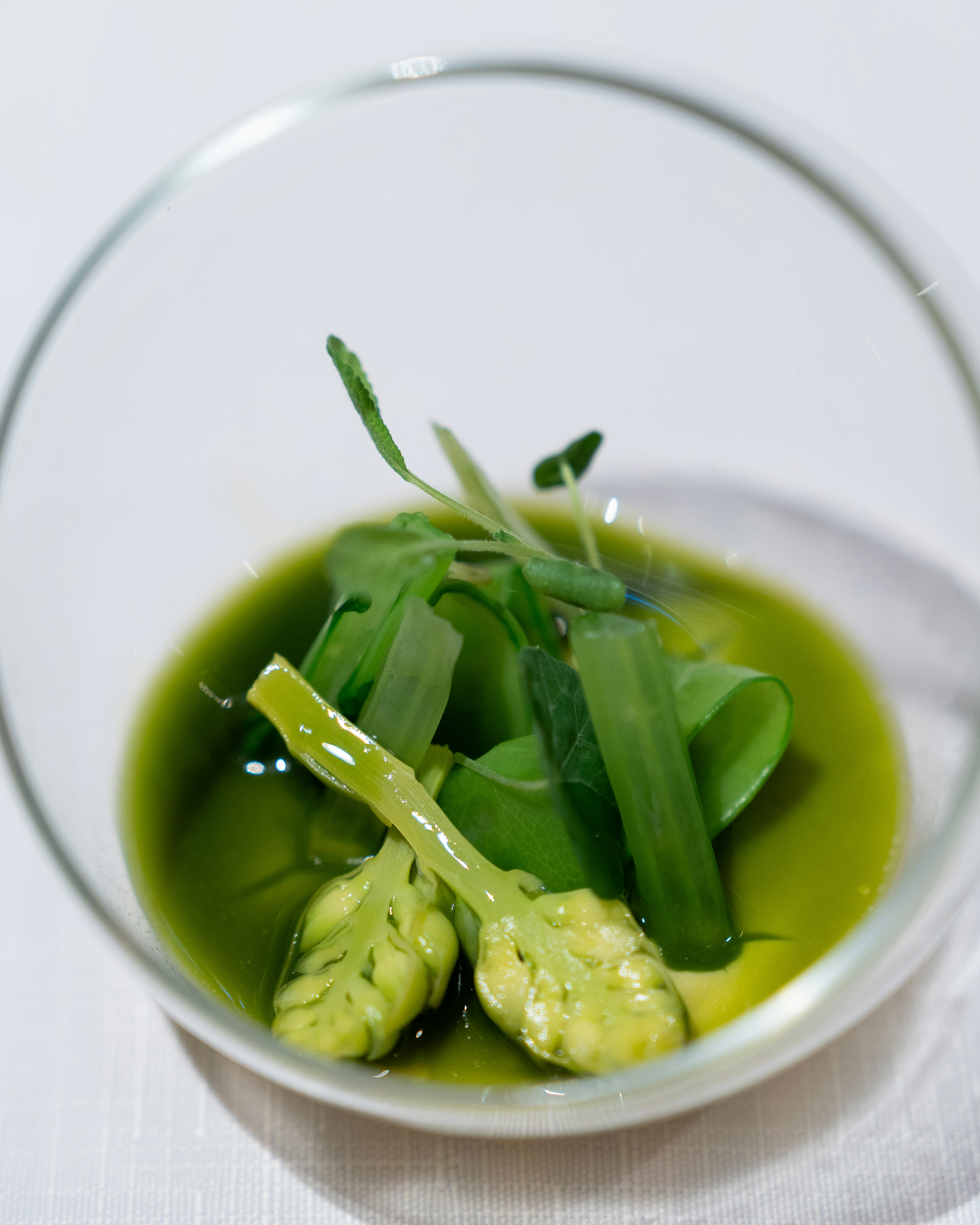 Delicate green vegetables arranged elegantly in a glass bowl filled with vibrant green sauce. The composition highlights freshness and culinary creativity.