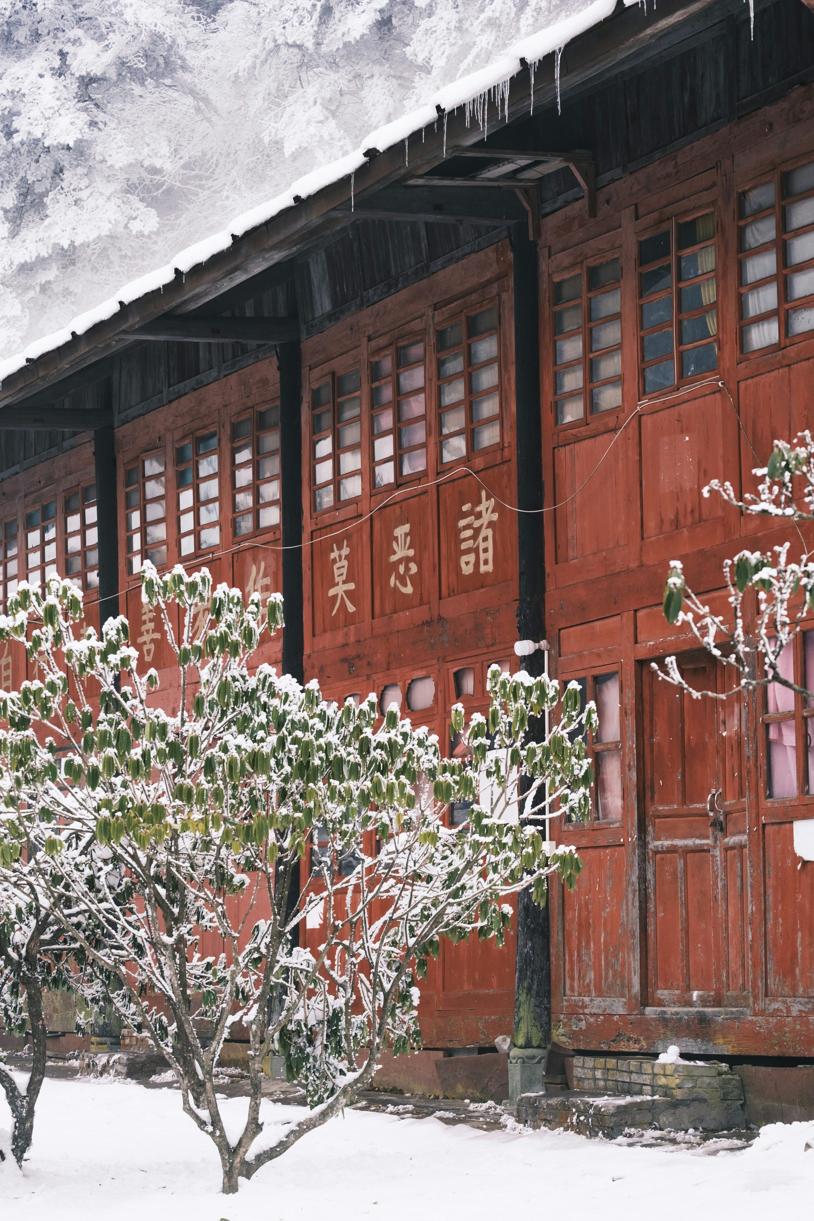 Crimson Facade by Snow: Calligraphy and Icicles in a Quiet Winter Scene