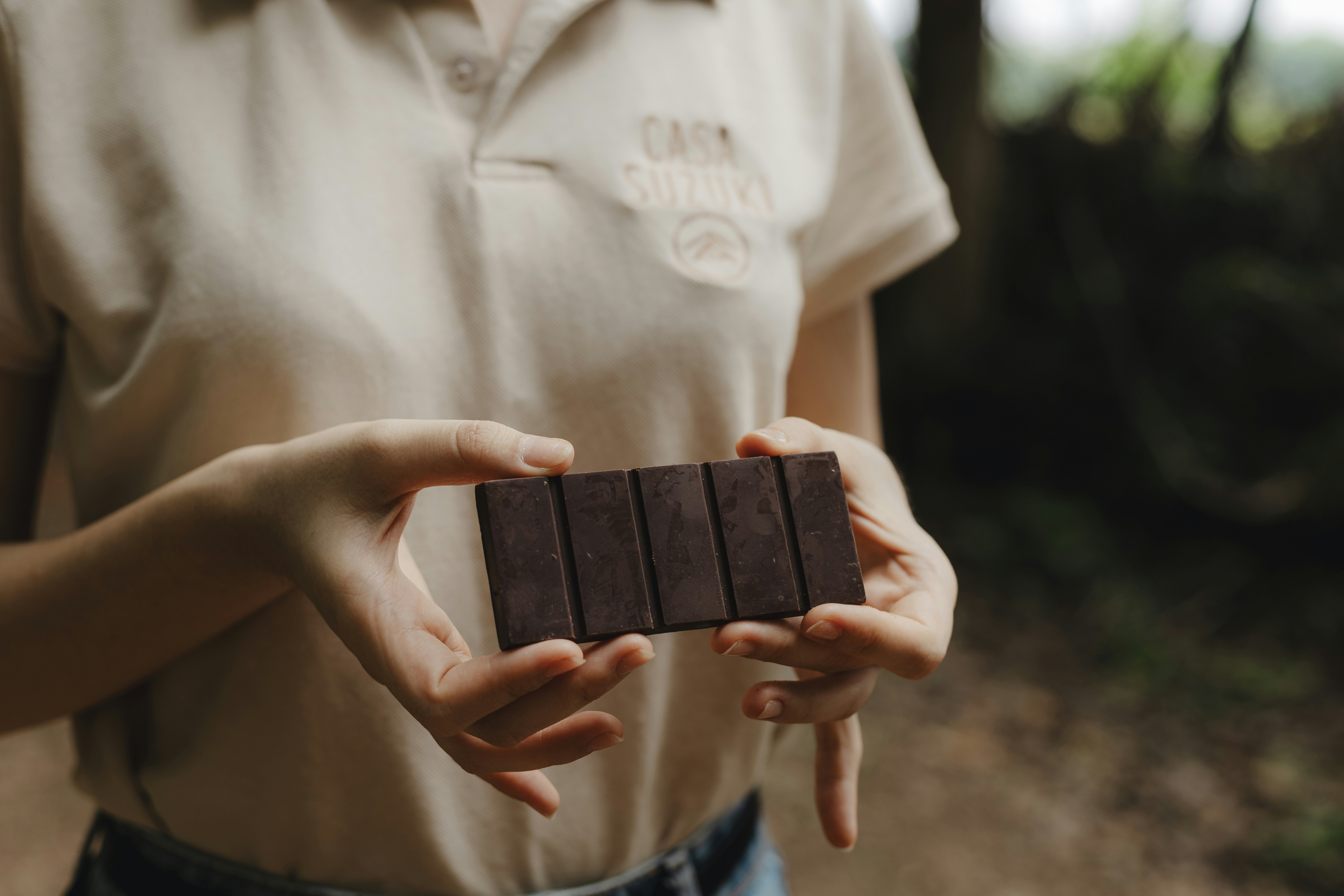Hands and chocolate: a close-up of a chocolate bar held across a blurred backdrop
