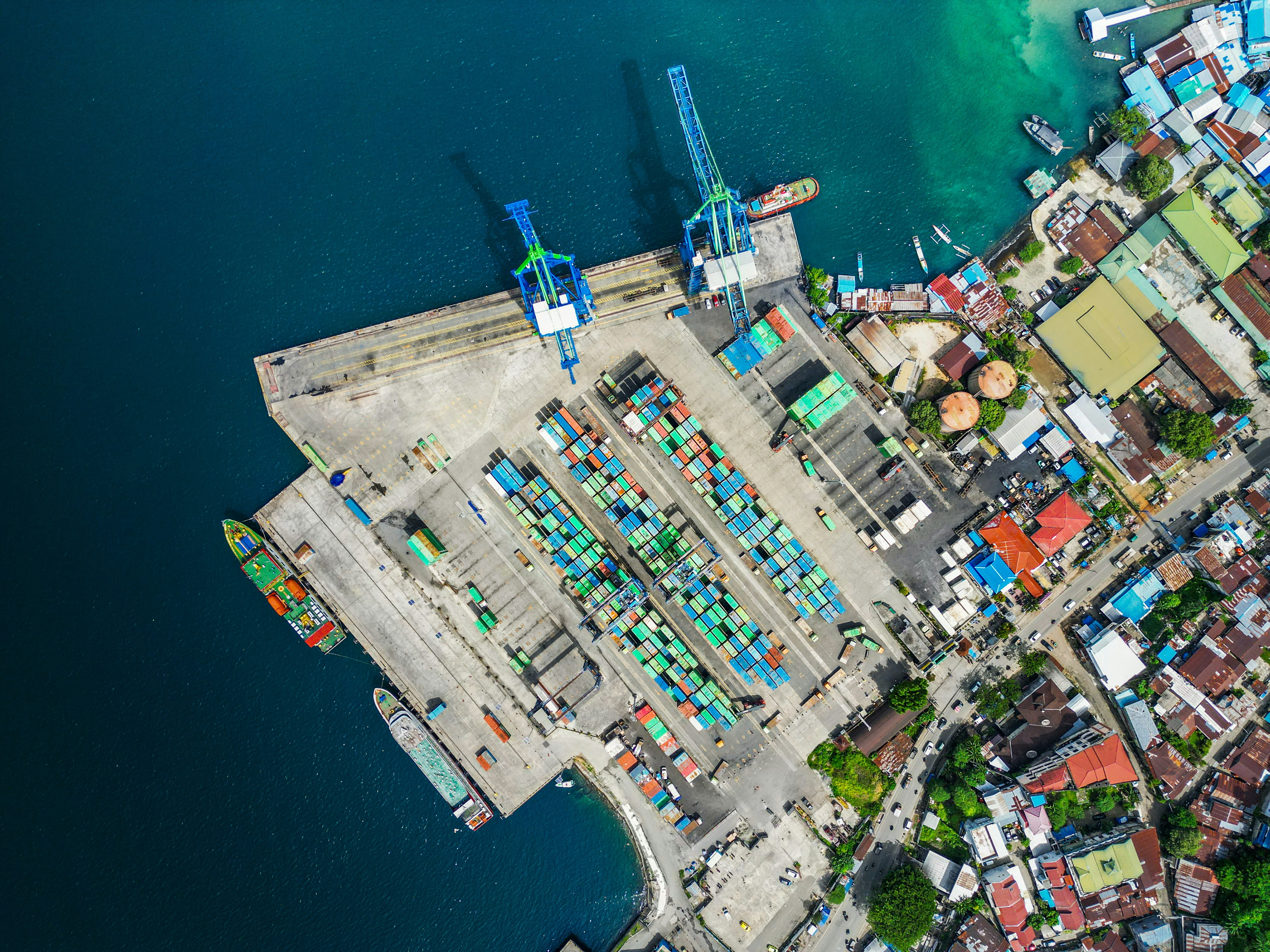 Harbor Mosaic from Above: Cranes, Containers and Colorful Shoreline