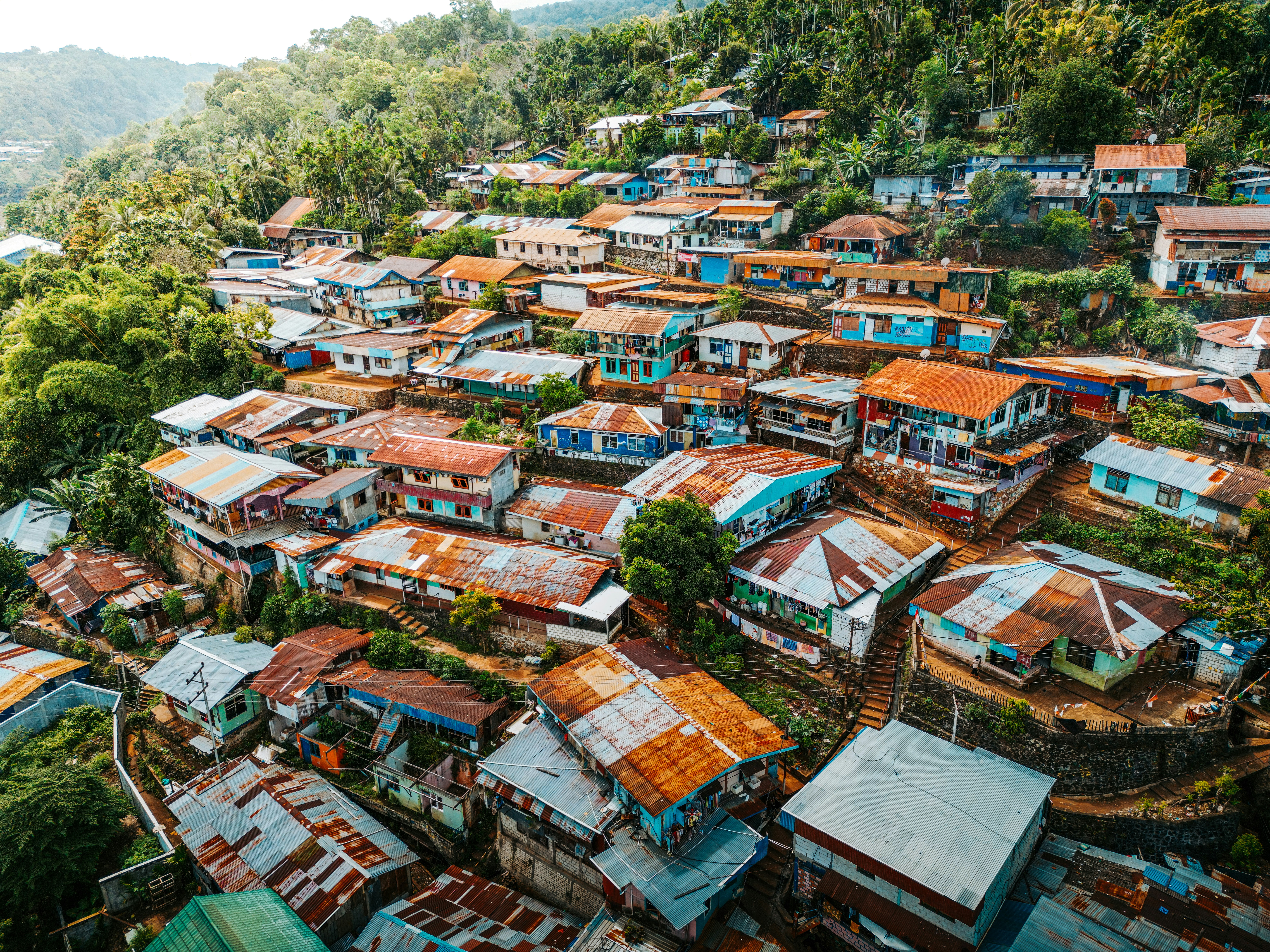 Colorful rooftops in a hillside village contrast against dense green foliage, creating a dynamic pattern of shapes and hues.