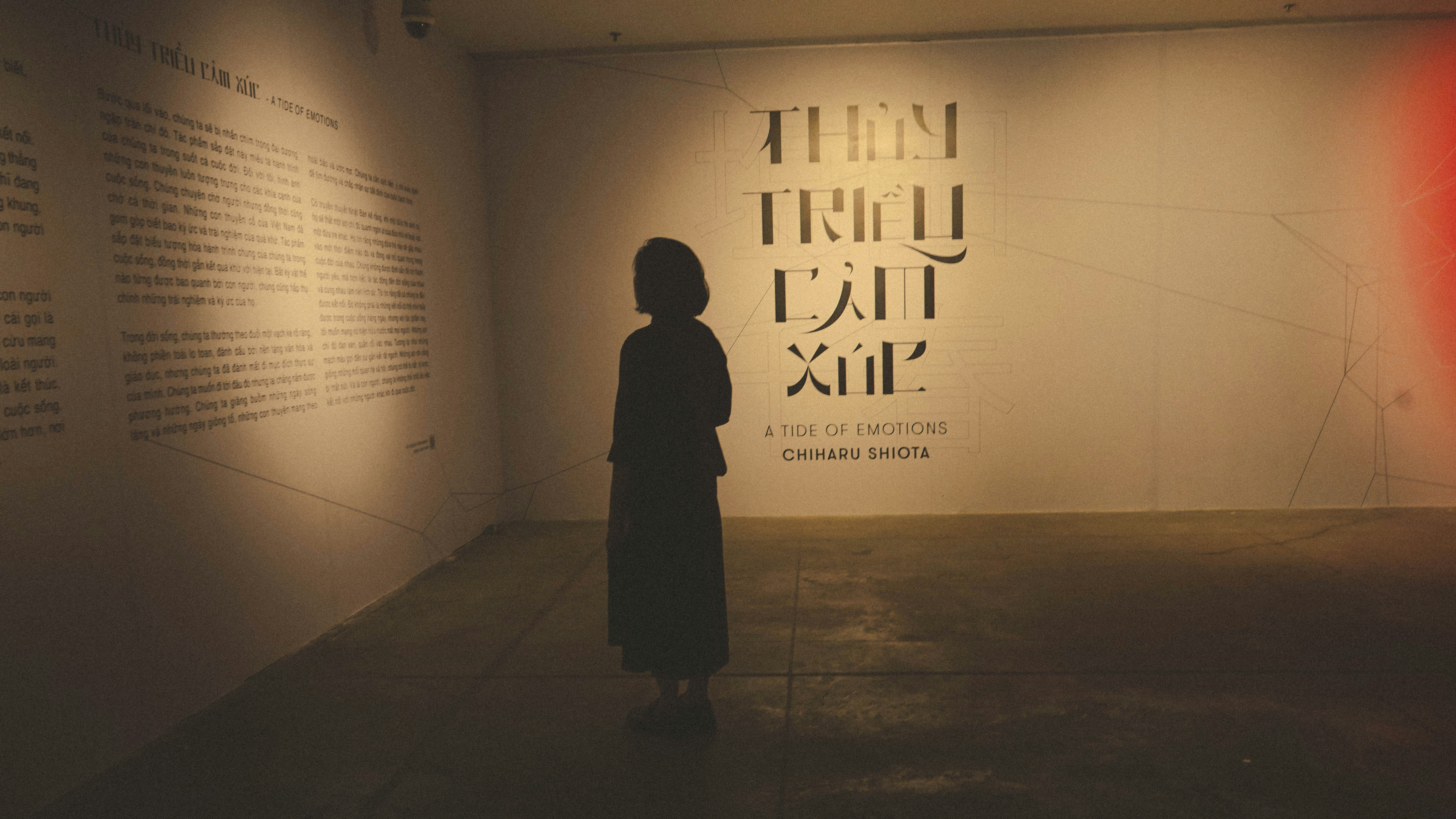 Dimly lit photograph of a lone figure standing before large text on a gallery wall. A red light flare softens the right edge.