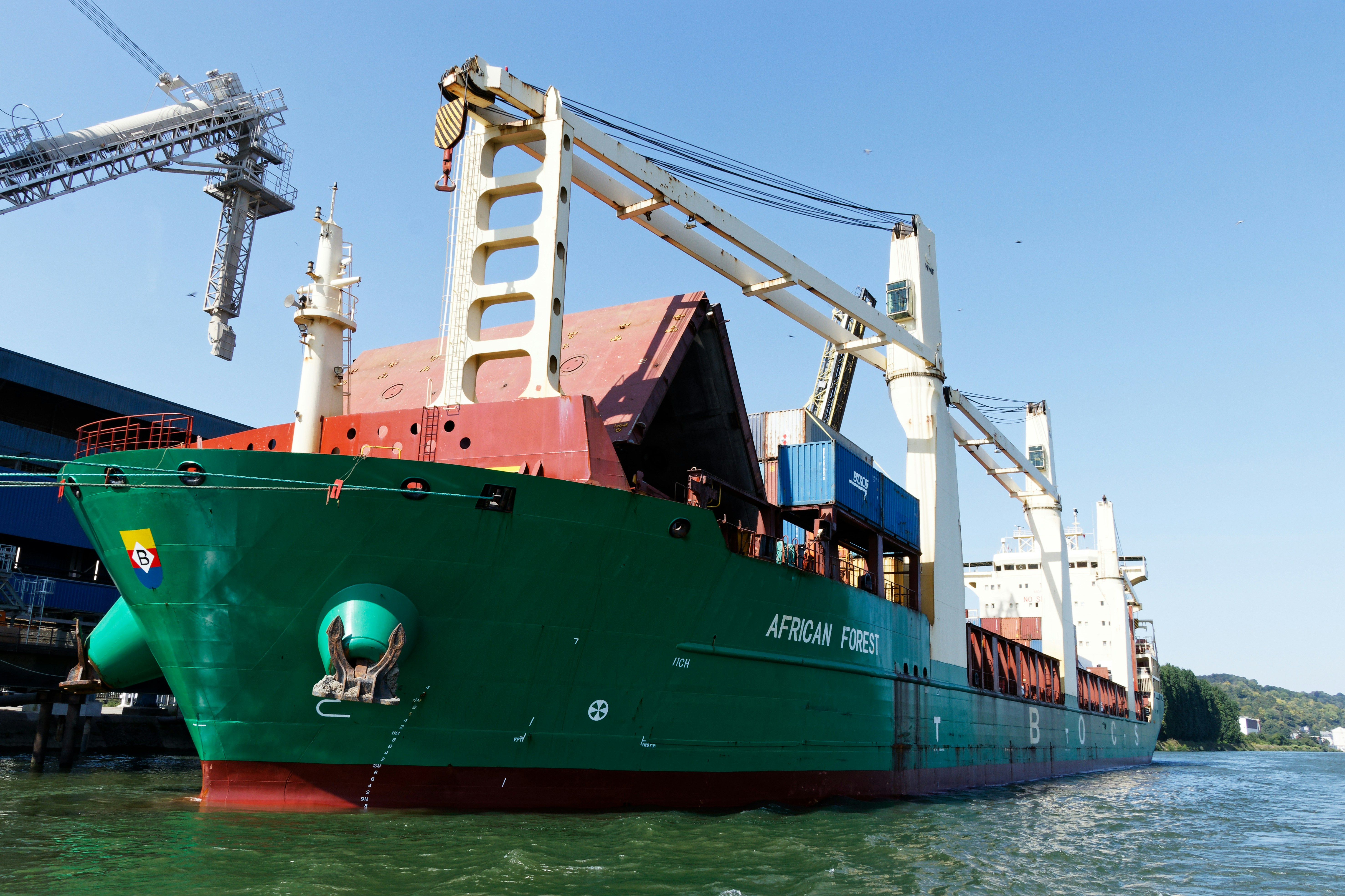 Green Bulk Carrier Anchored at a Busy Dock