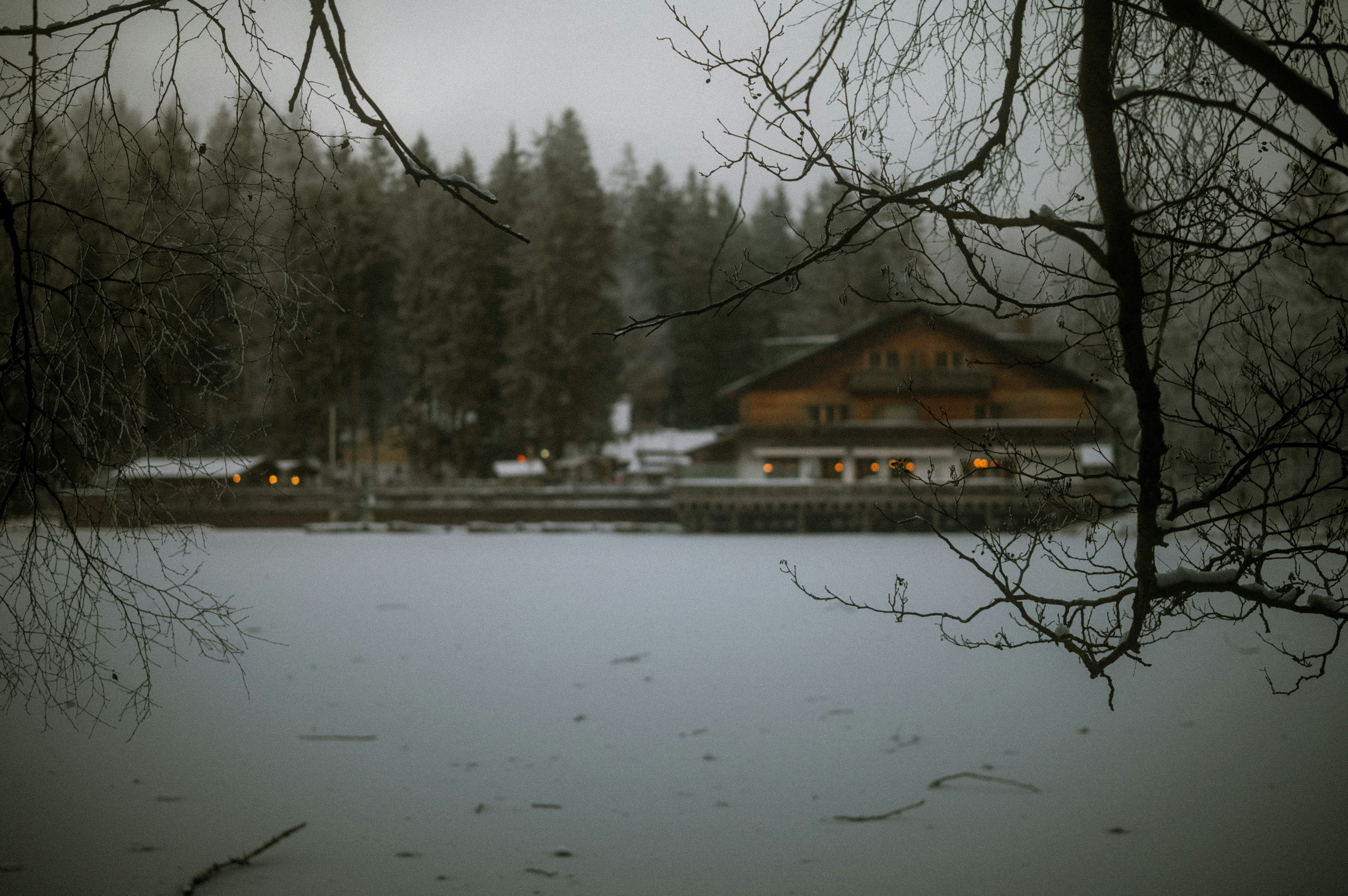 Rustic cabin nestled by a snow-covered lake surrounded by dense forest under a winter sky.