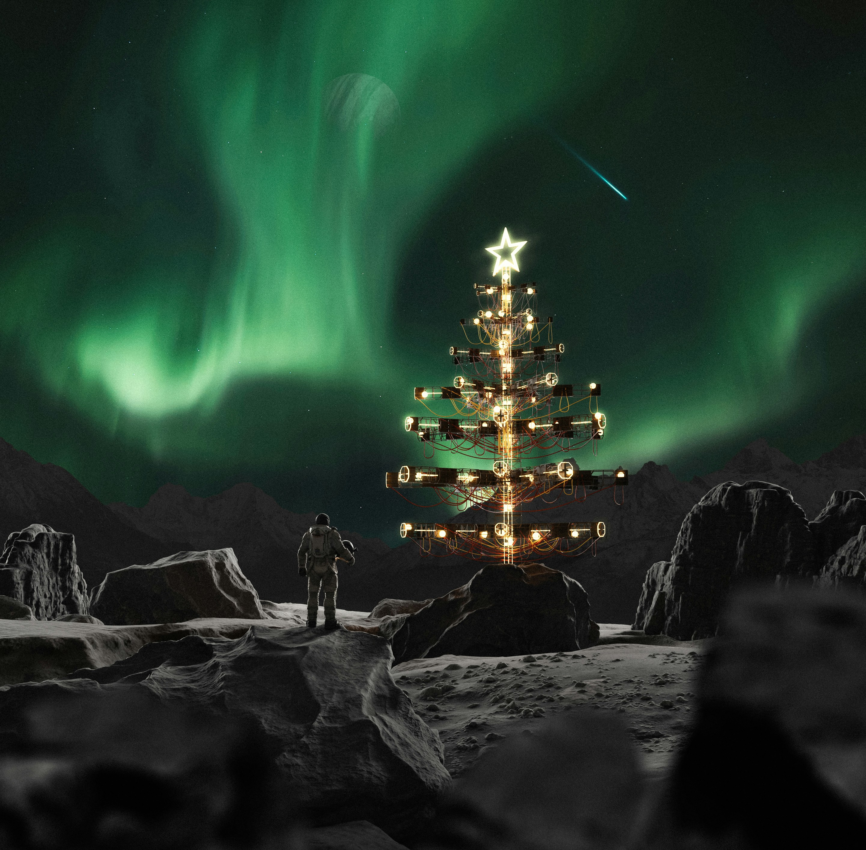A christmas tree on the moon with the aurora in the background photo ...