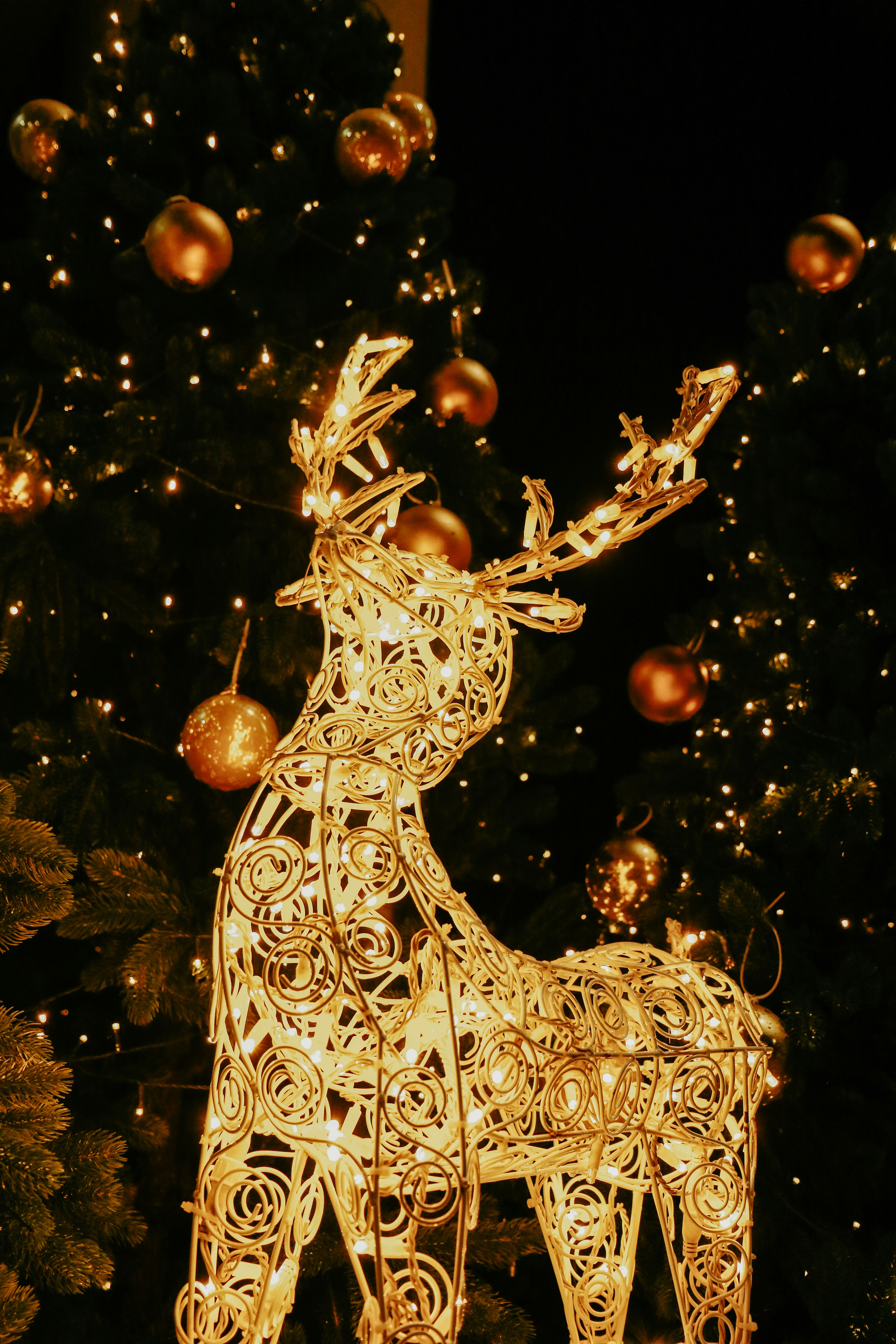 Glowwire Reindeer: Warm Light Amid Golden Ornaments