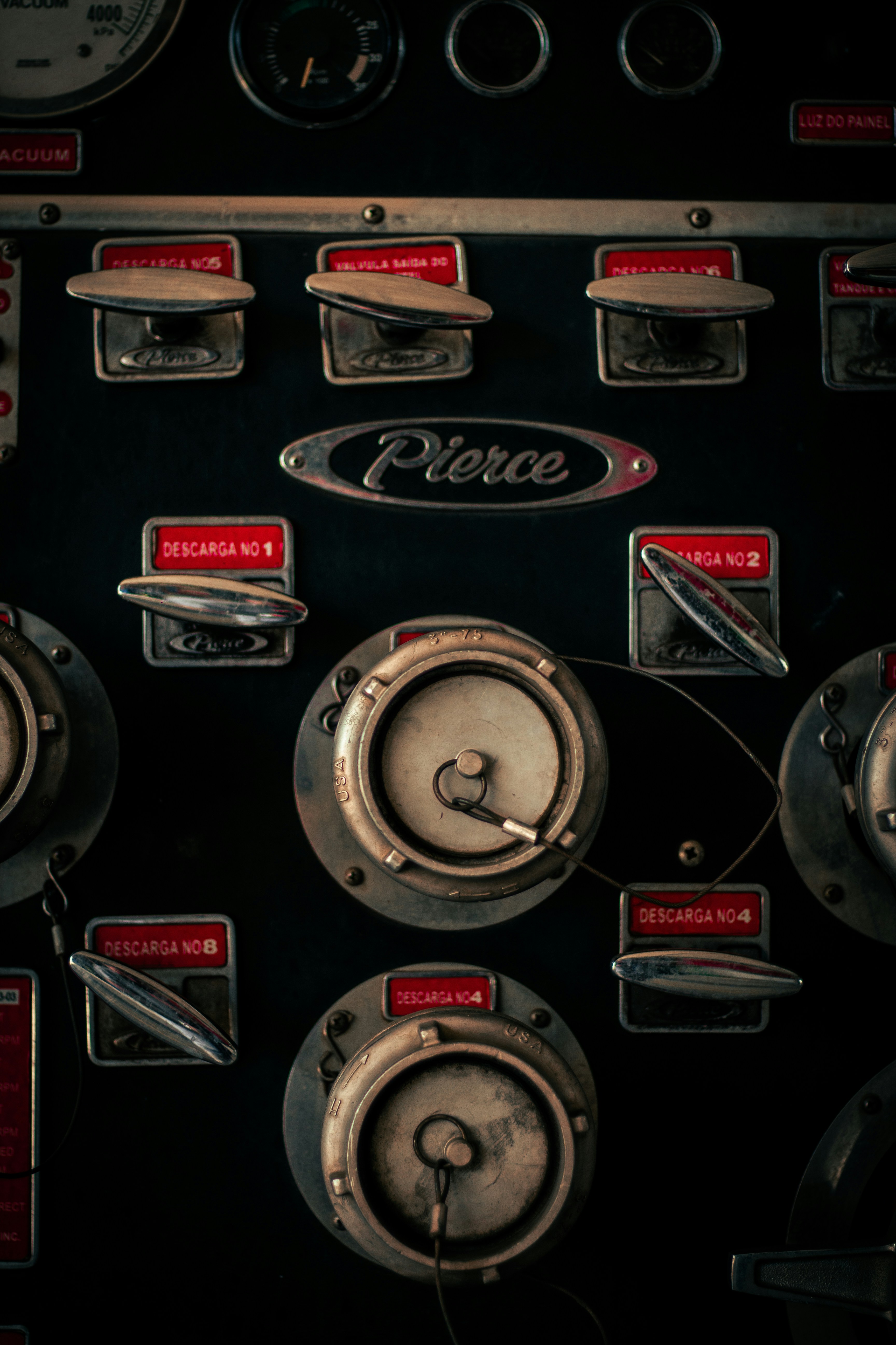 Pierce Control Console: A Weathered Layer of Knobs and Levers