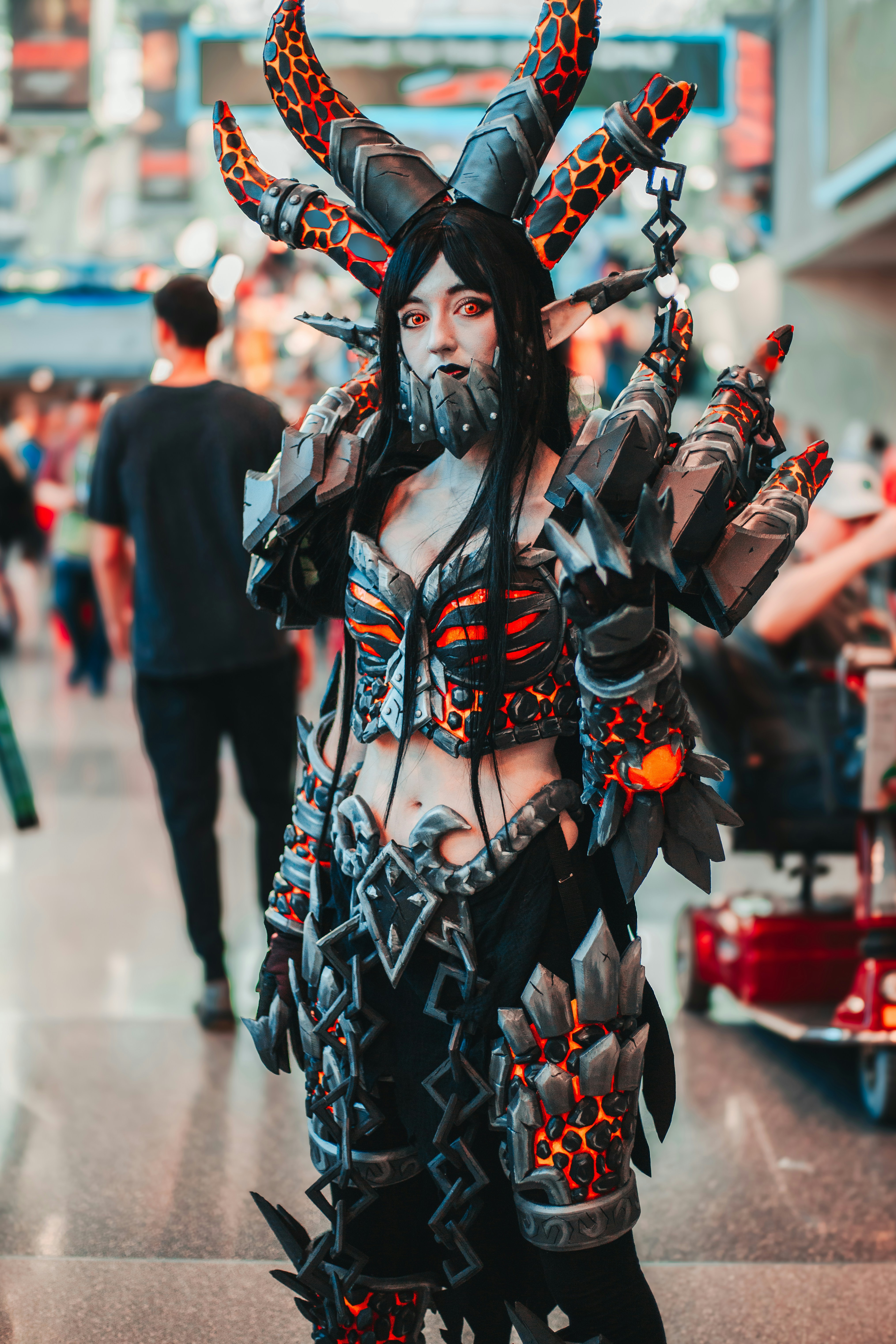 A woman dressed in a costume with horns and horns