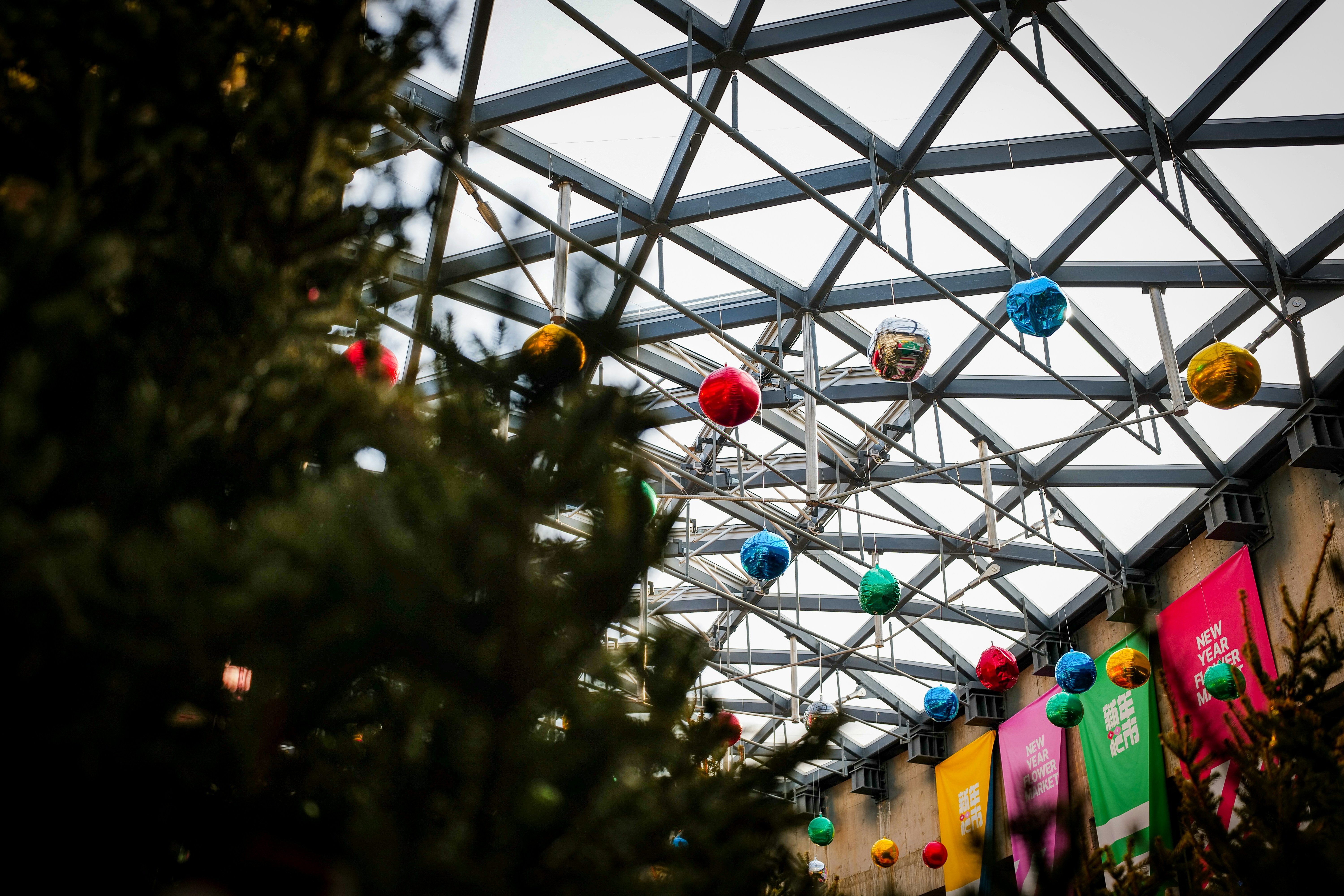 Ornaments Aloft in a Glass-Grid Atrium