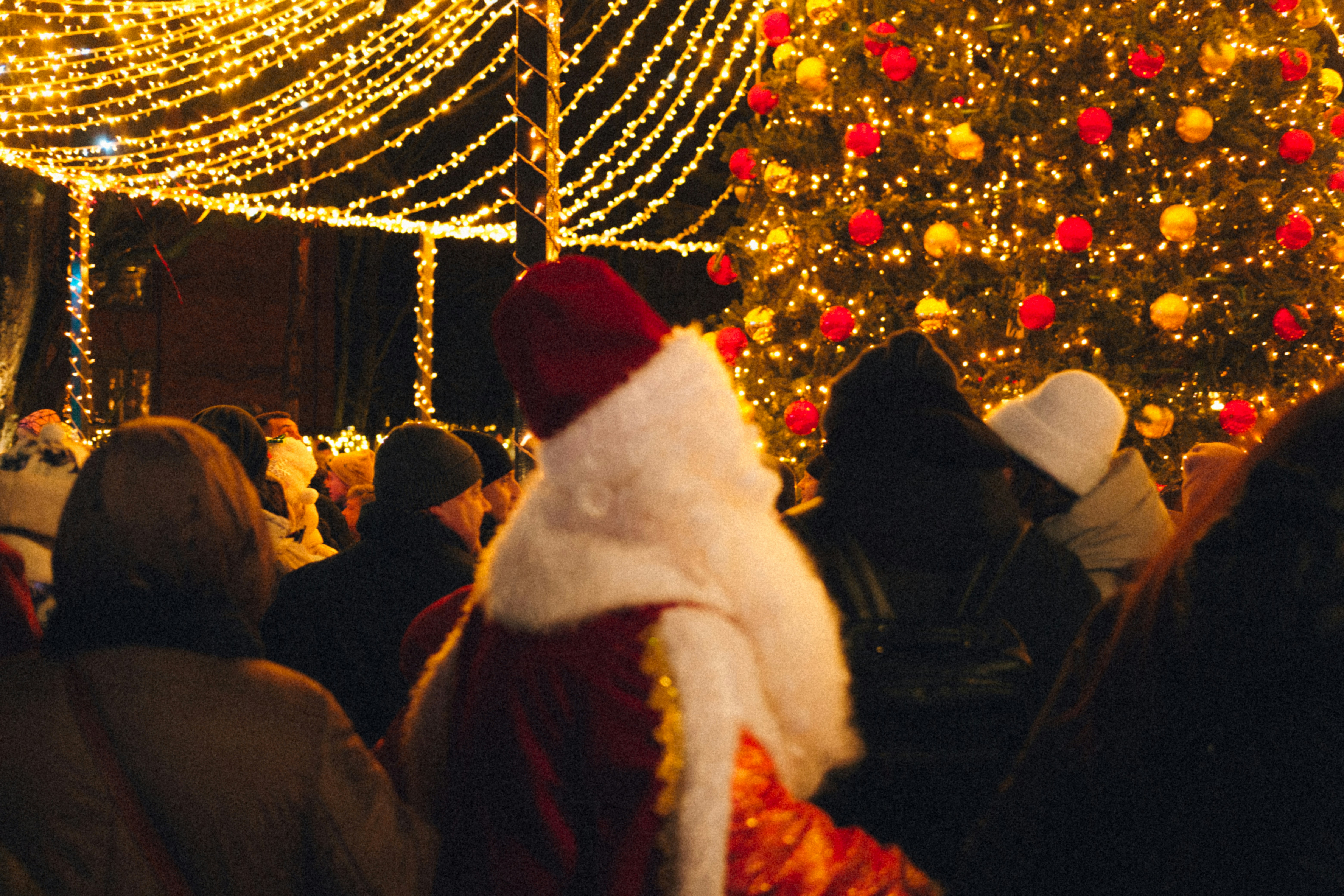A crowd of people standing around a christmas tree photo – Free ...
