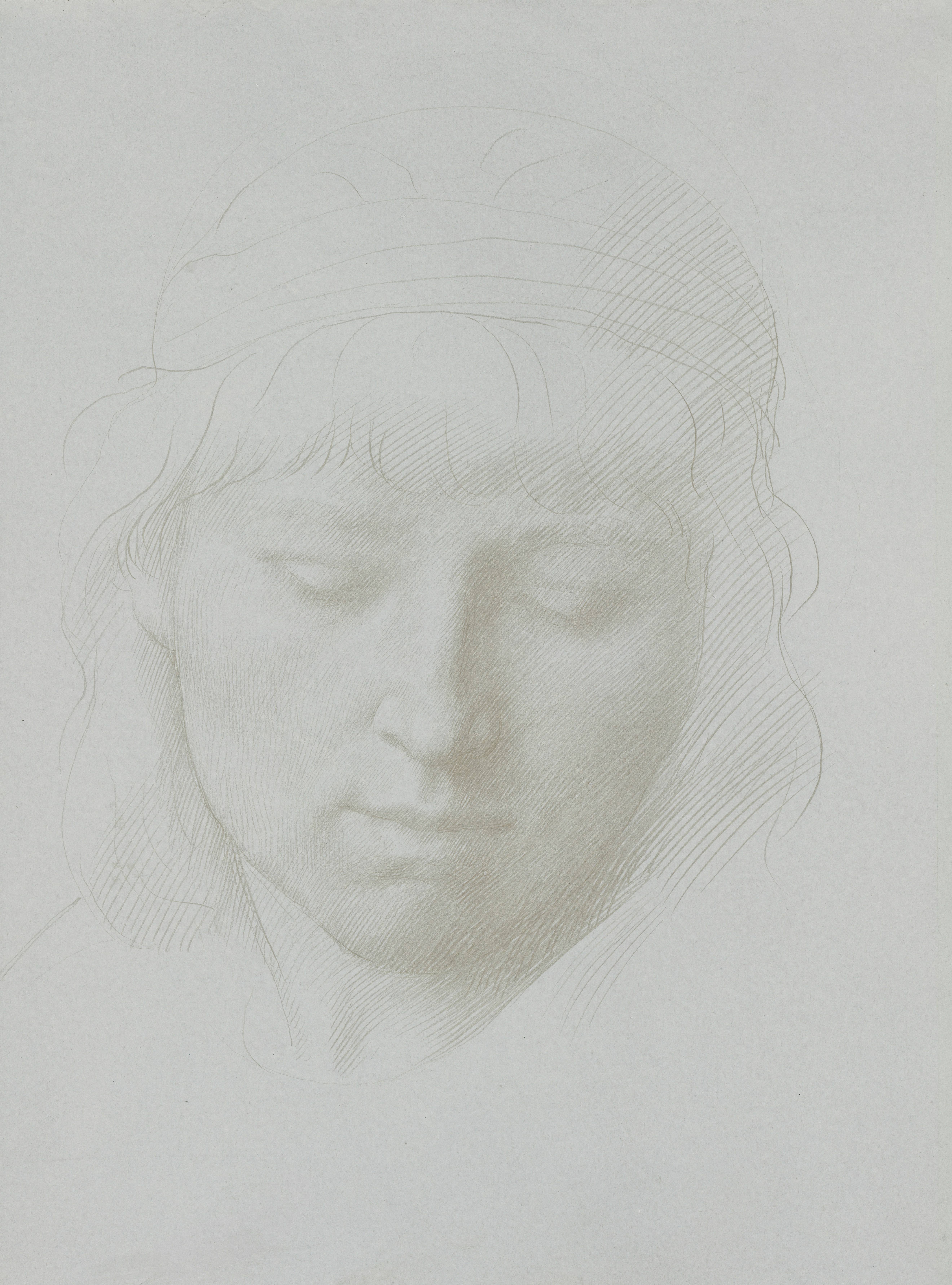 Delicate graphite illustration of a serene woman with closed eyes, rendered in subtle crosshatching.