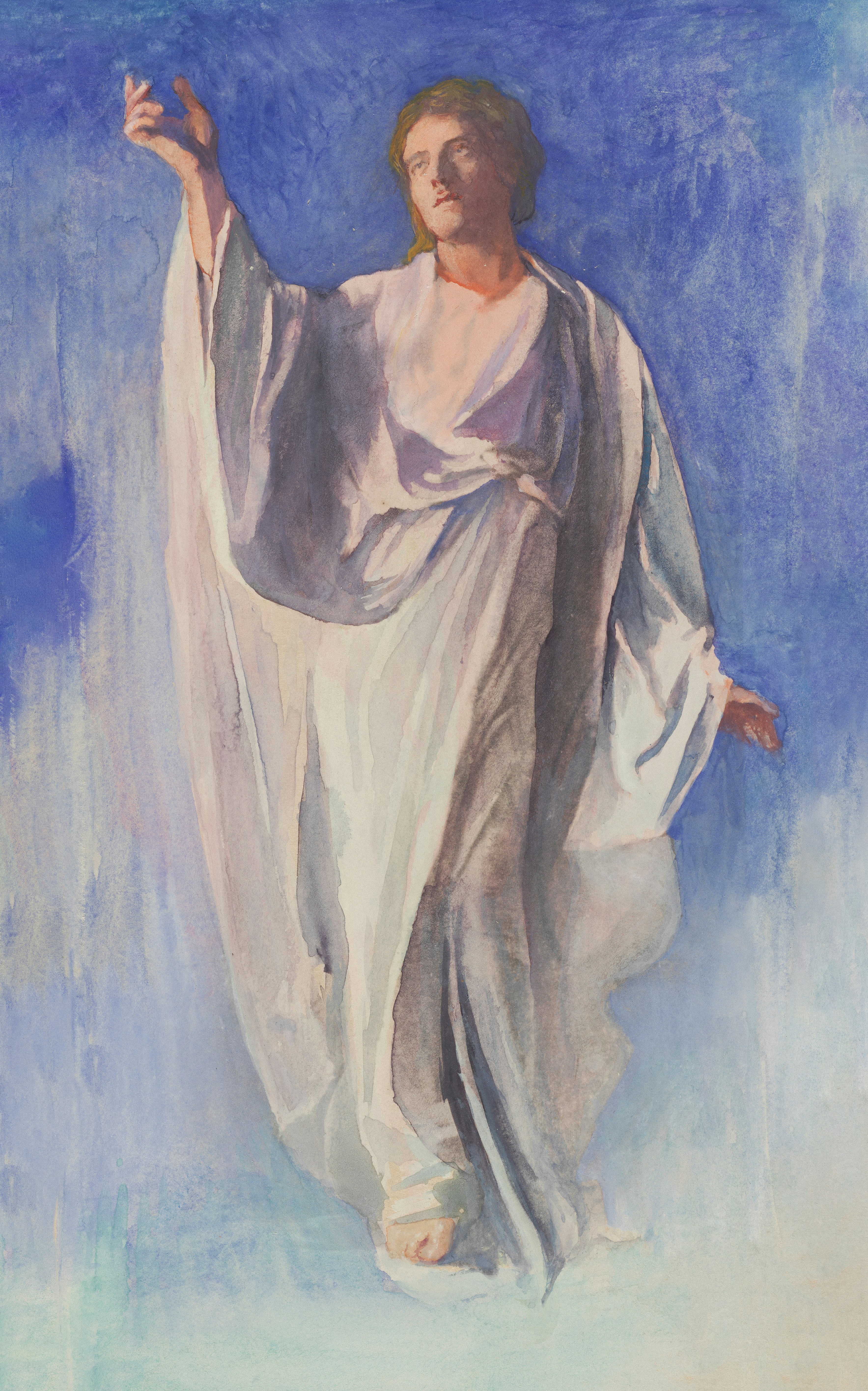 A figure draped in flowing garments reaches upward against a soft blue background, embodying a sense of serenity and transcendence.