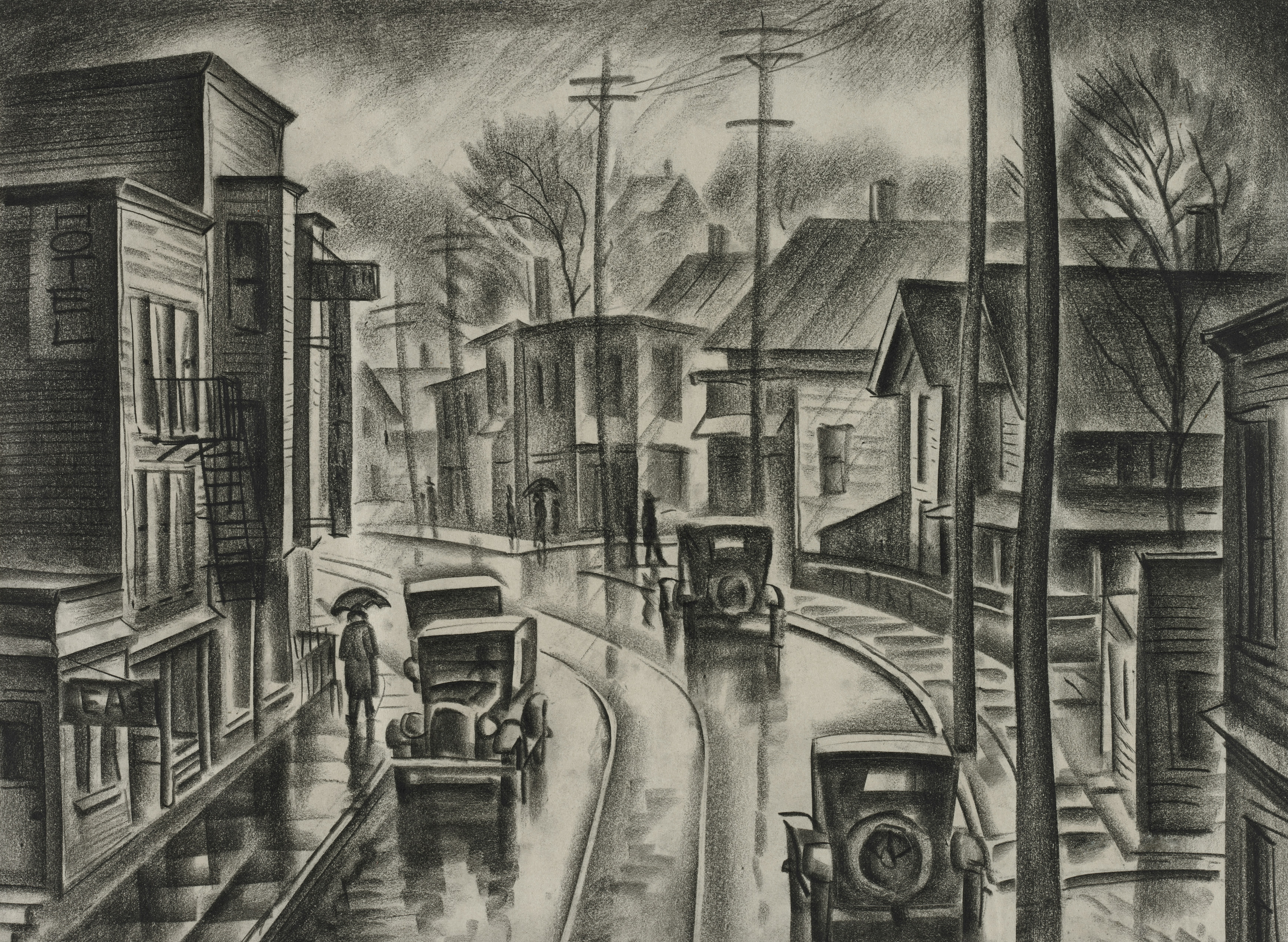 Pencil drawing of a 1930s urban street with vintage cars along a curved, rain-slick road and rows of houses.