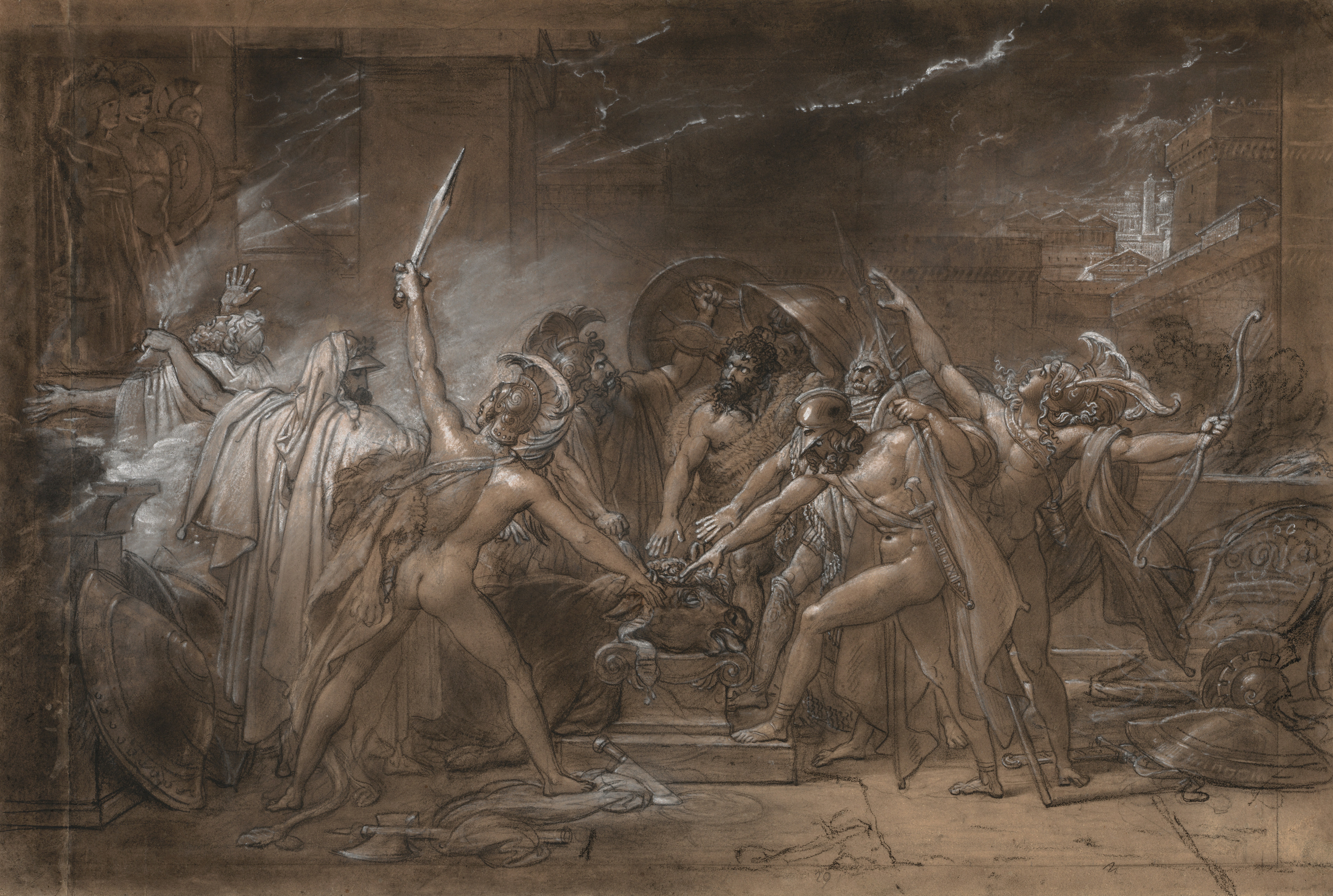 The Oath of the Seven Chiefs against Thebes c. 1800 Anne-Louis Girodet de Roucy-Trioson (French, 1767–1824) France, late 18th, early 19th century Black chalks and white chalk with stumping and erasing on light brown wove paper Support: Light brown wove paper Overall: 41.8 x 62 cm (16 7/16 x 24 7/16 in.) Purchase from the J. H. Wade Fund 2000.71