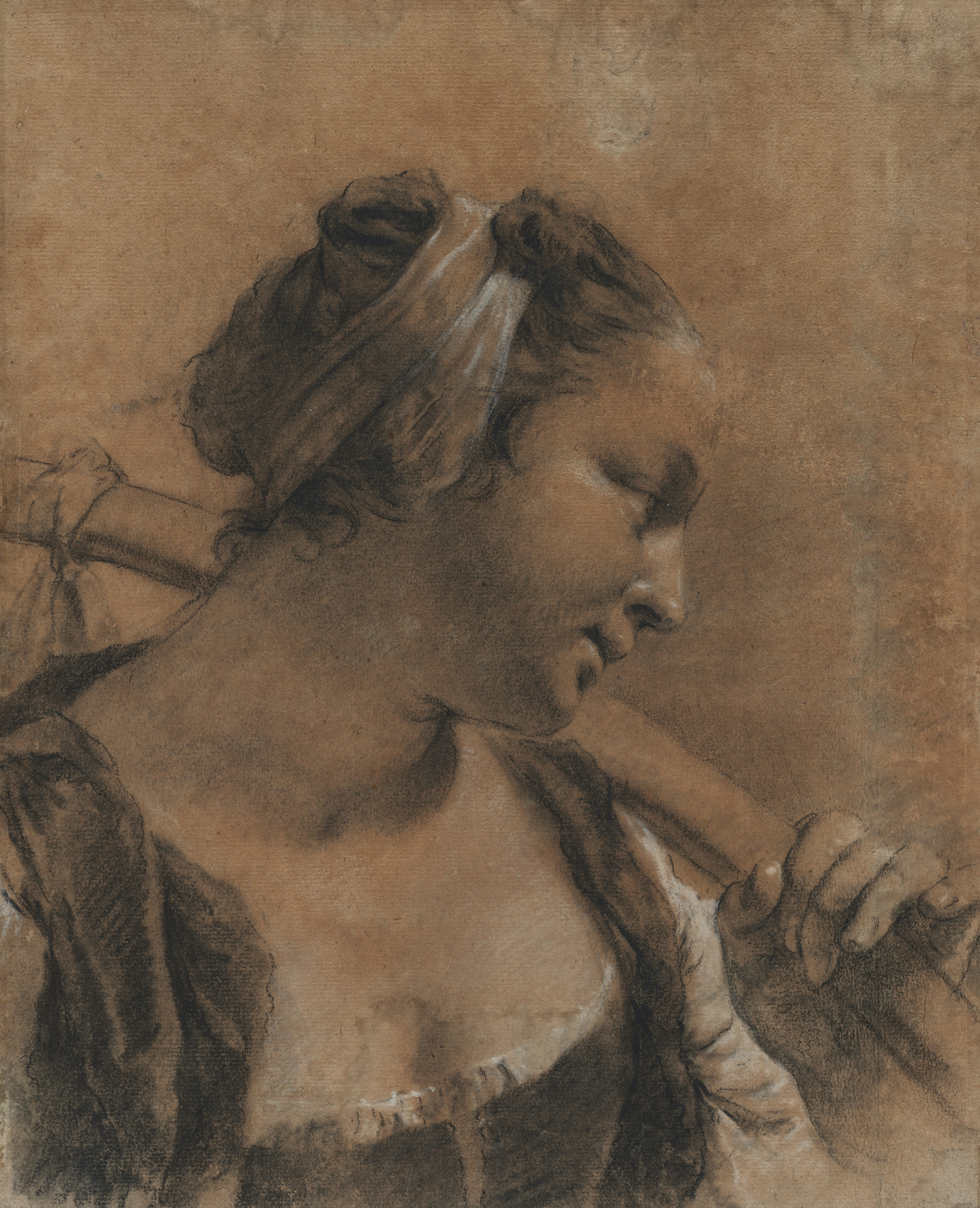 Sepia-toned drawing (illustration) of a woman in profile, carrying an oar over her shoulder. The restrained shading and textured surface emphasize quiet introspection.