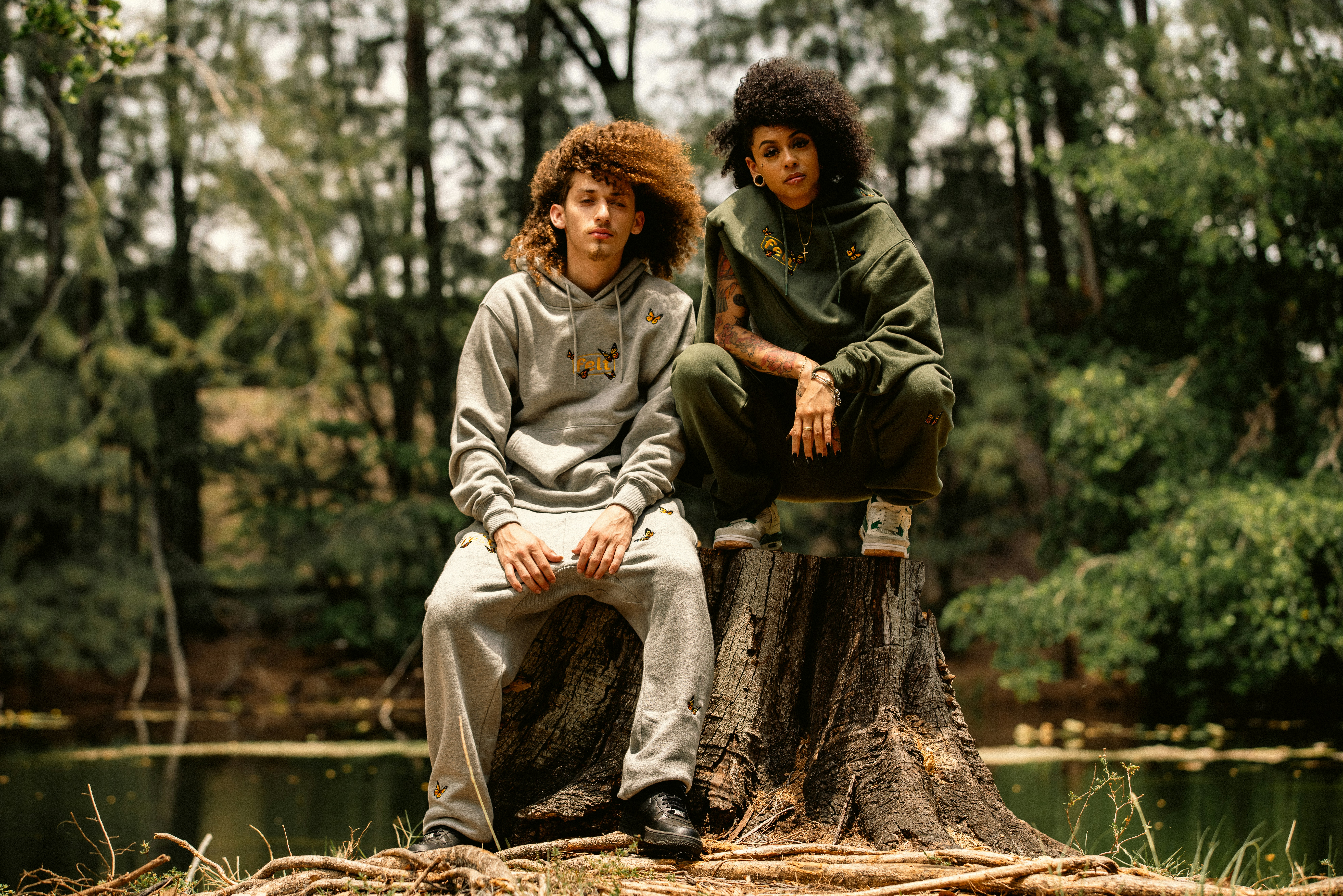 A couple of people sitting on top of a tree stump photo – Free Fashion ...