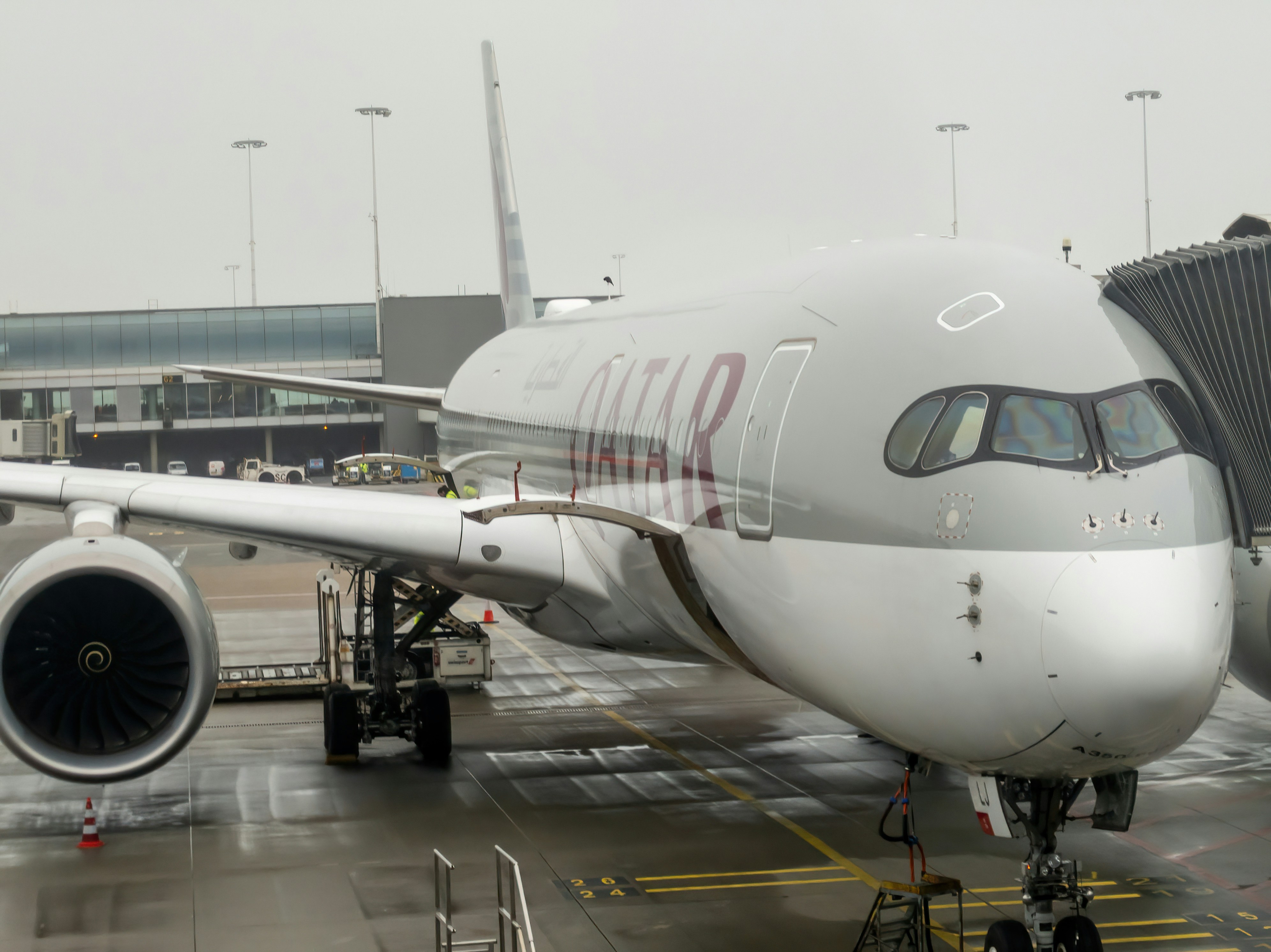 Nose to the Gate: Qatar Airways Widebody at the Jet Bridge