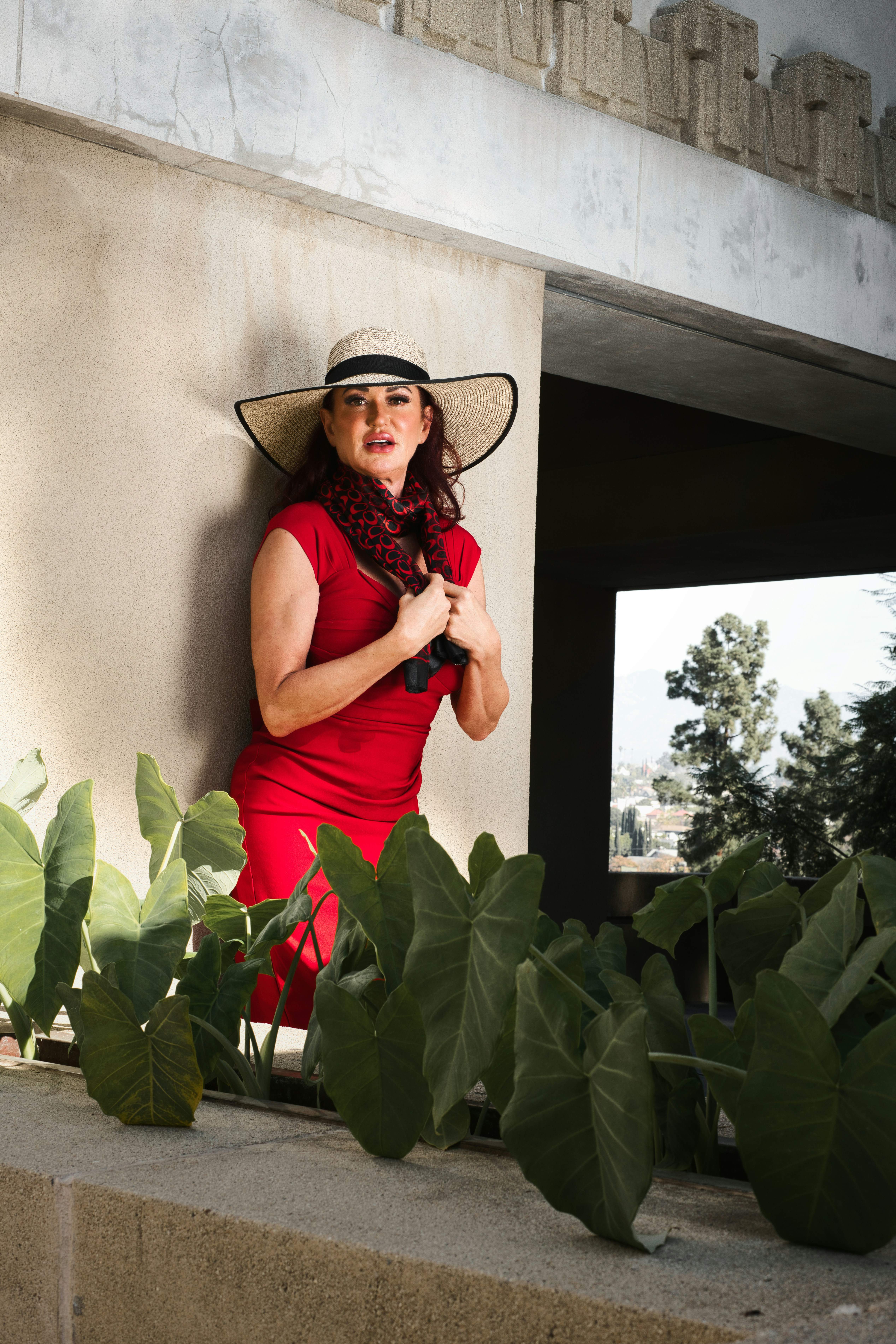 Red Silk and Sunlit Vista: A Lady with a Camera in the Sun