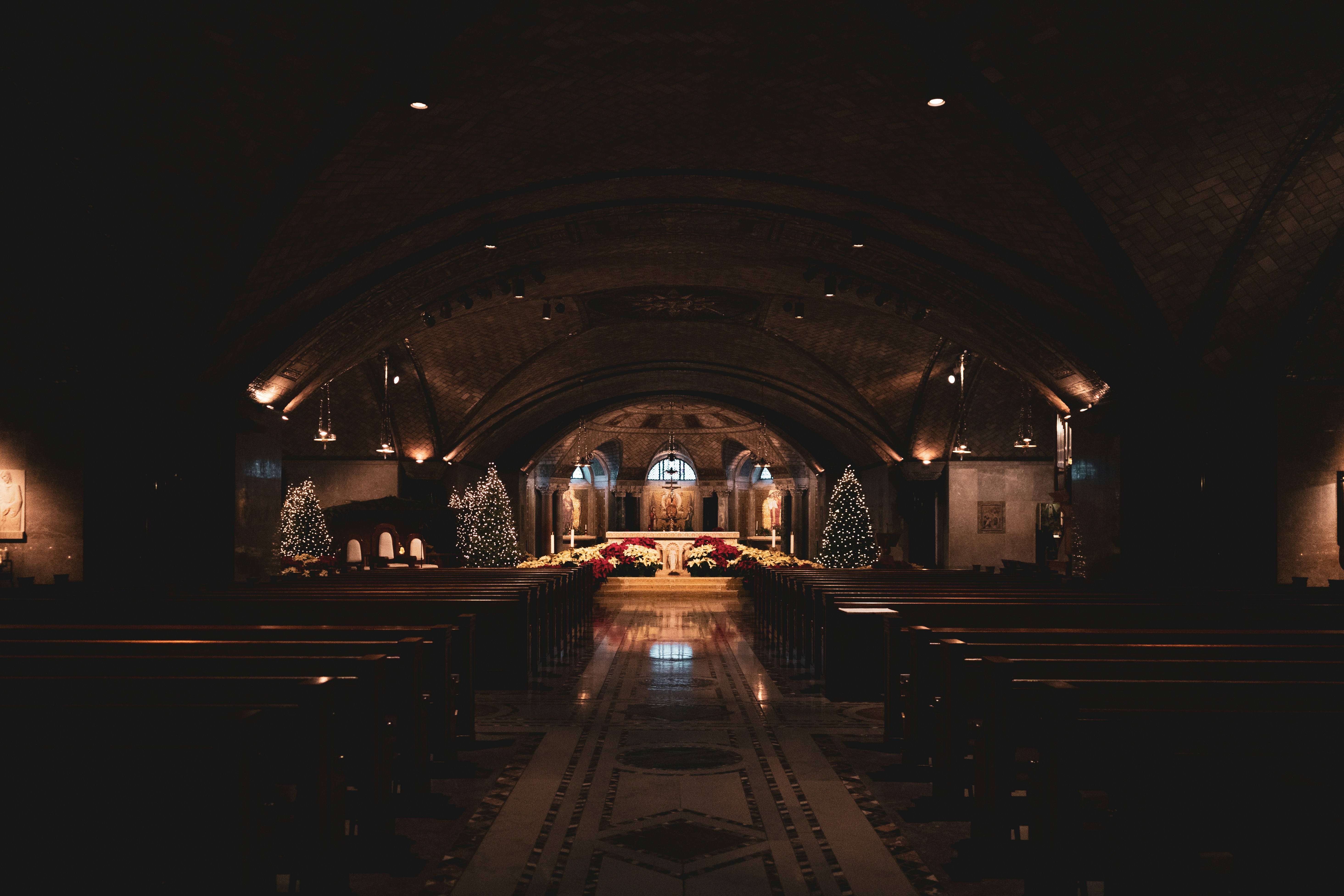 Dimly lit interior of a church adorned with Christmas trees, showcasing a tranquil atmosphere. The altar is softly illuminated, inviting reflection.