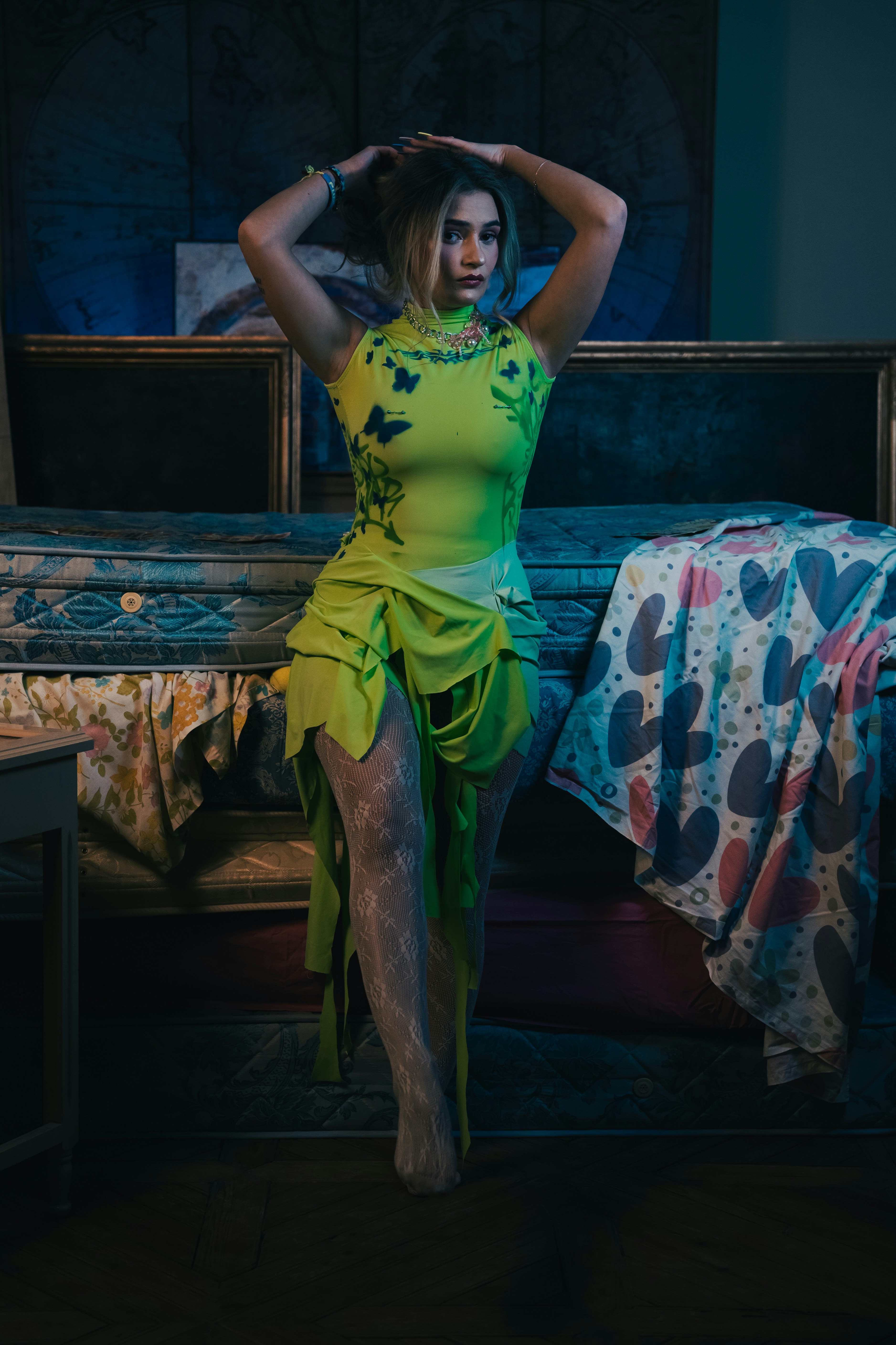 Neon Yellow: A Staged Portrait in Velvet Night