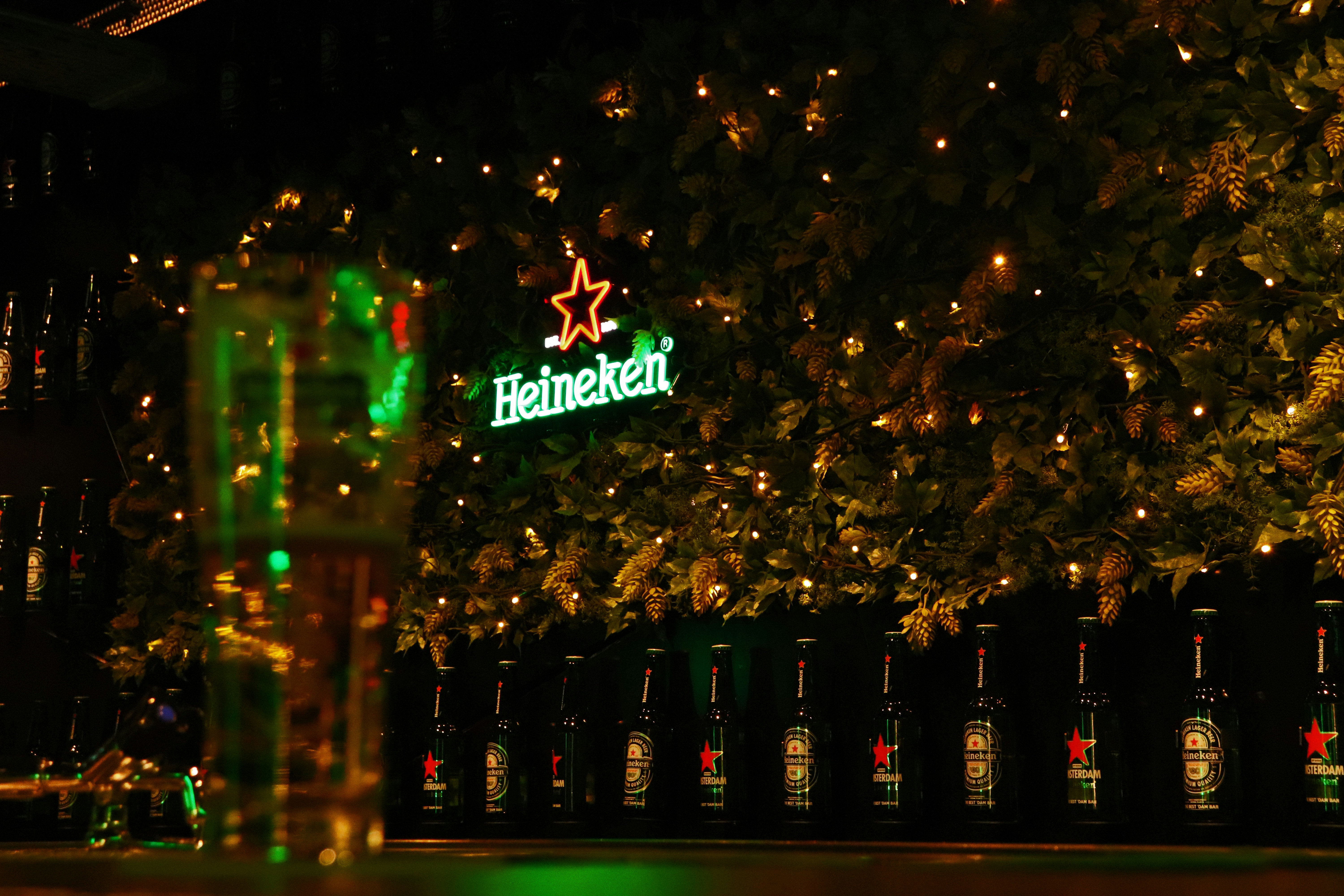 A glass of beer sitting in front of a christmas tree photo – Free ...