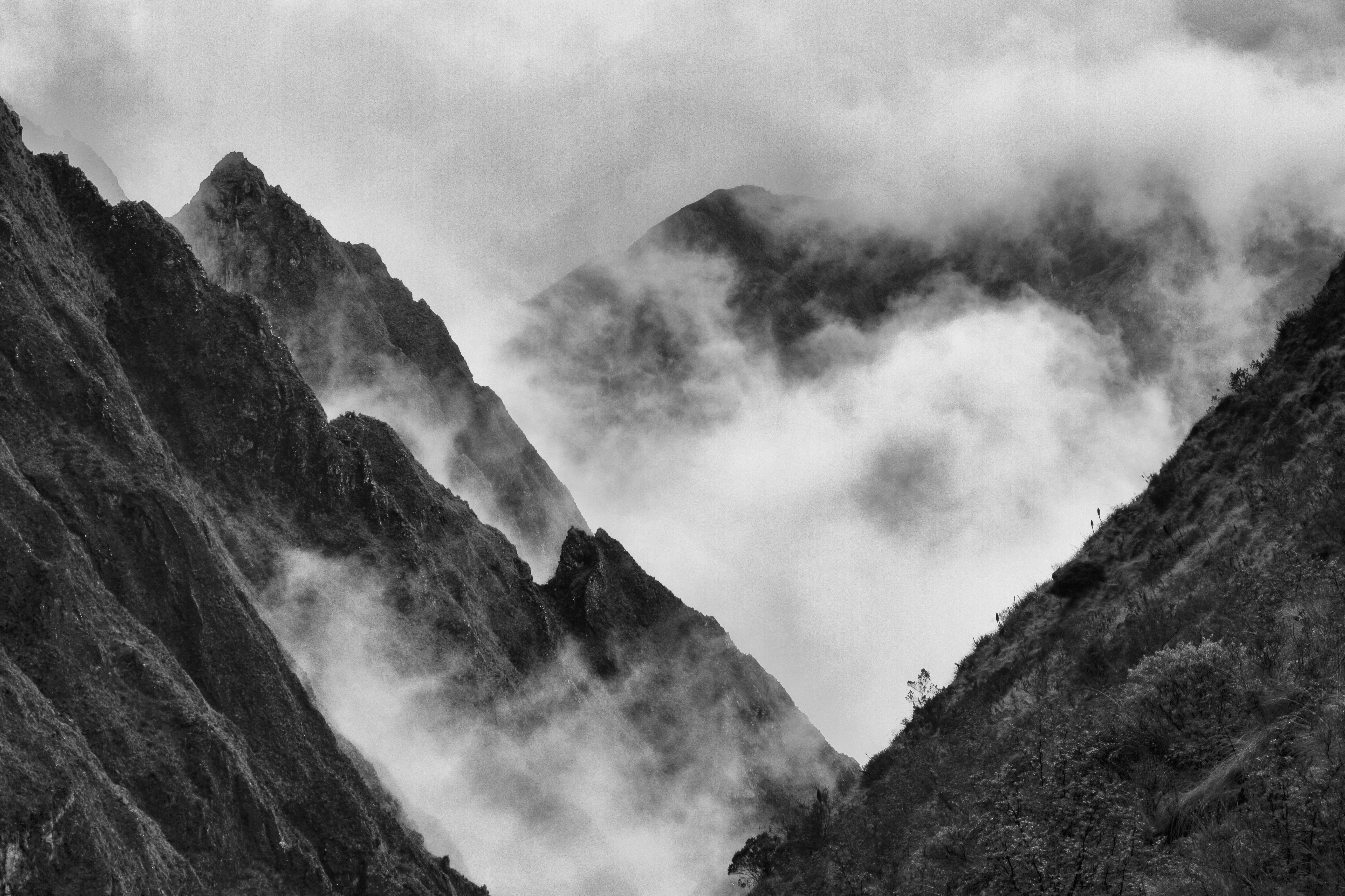 Jagged mountain peaks partially enveloped by swirling mist, creating a dramatic contrast between solid rock and ethereal clouds.