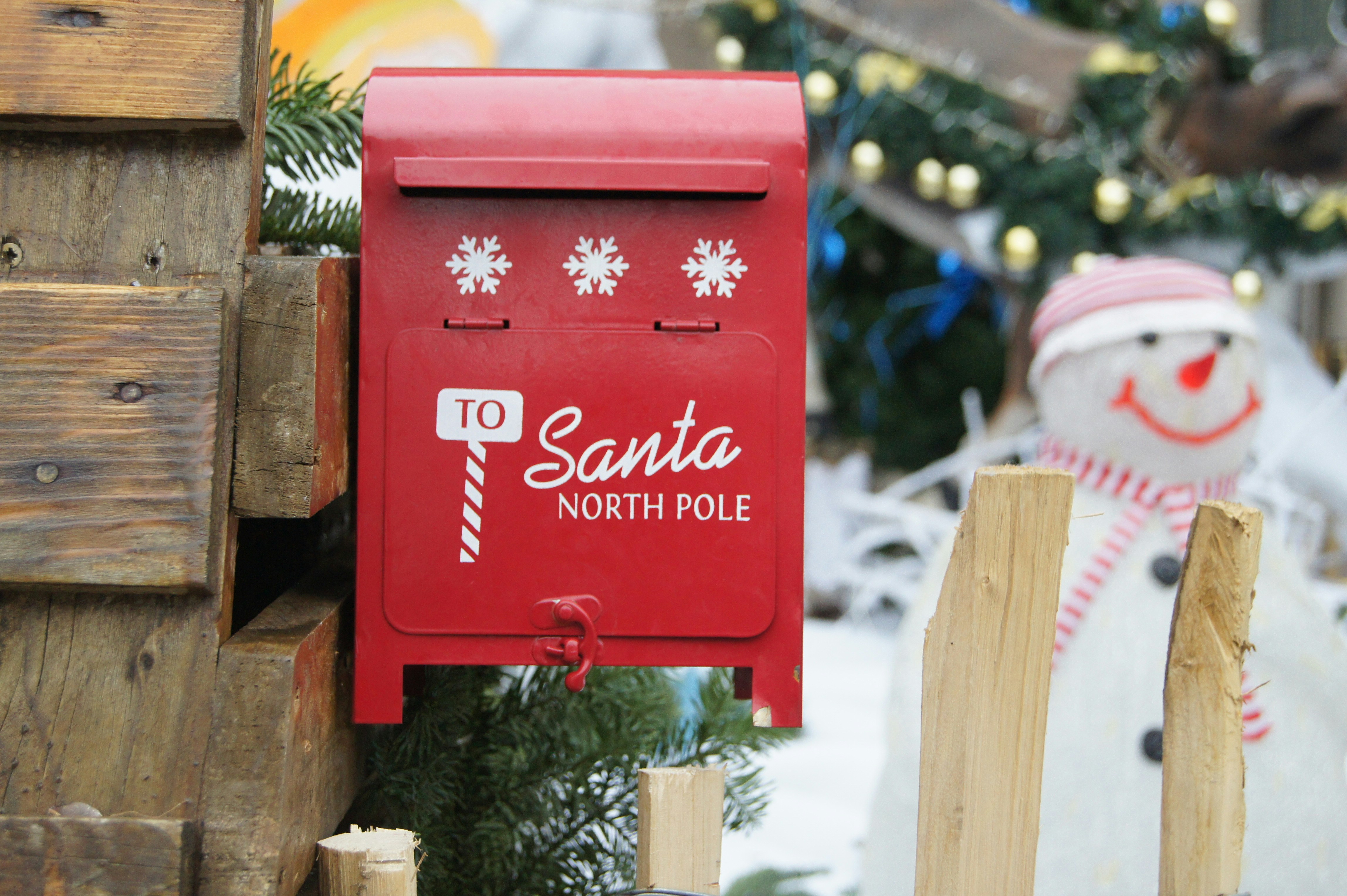 A red mailbox sitting next to a christmas tree photo – Free Letterbox ...