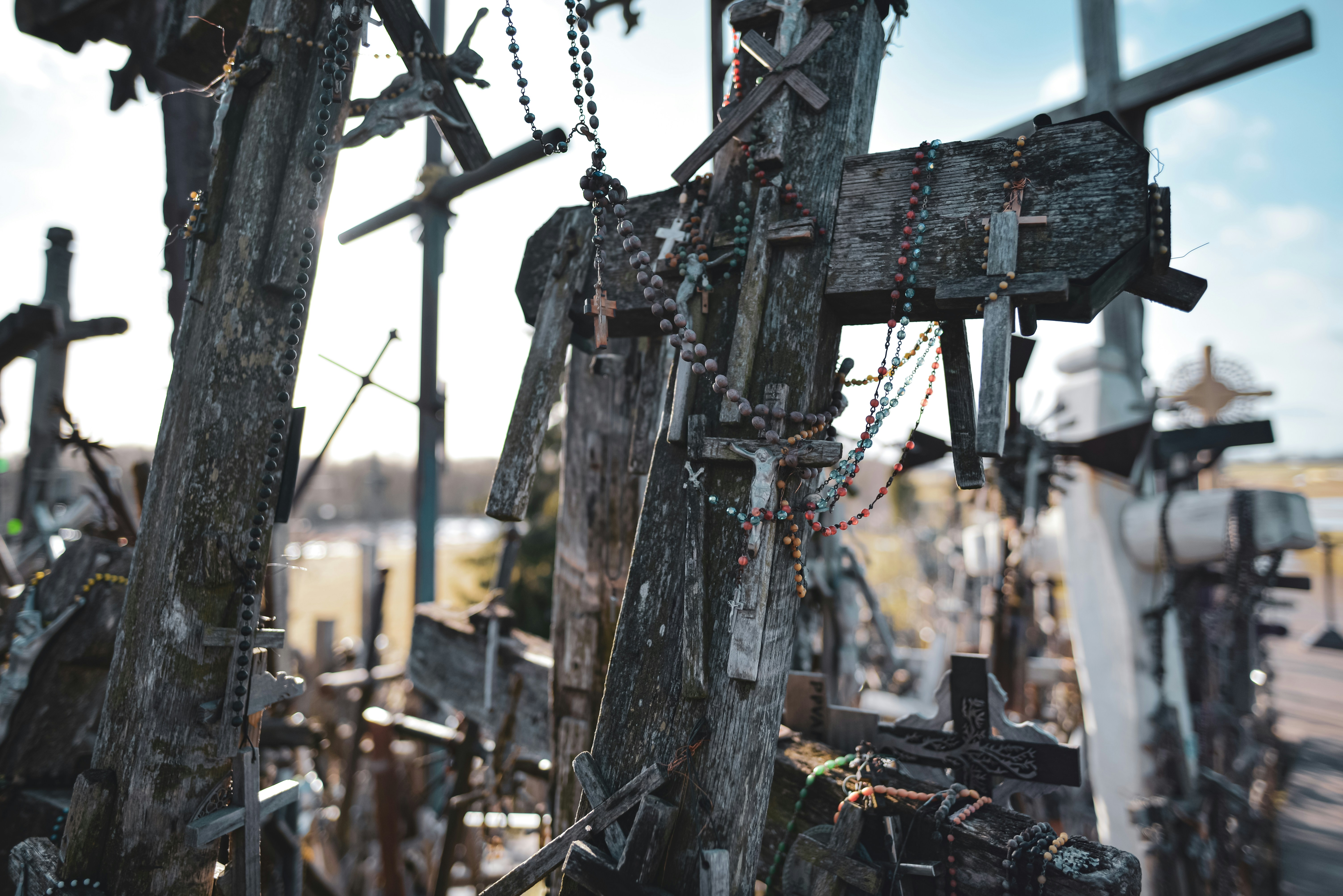Weathered prayer crosses: a field of rust and memory