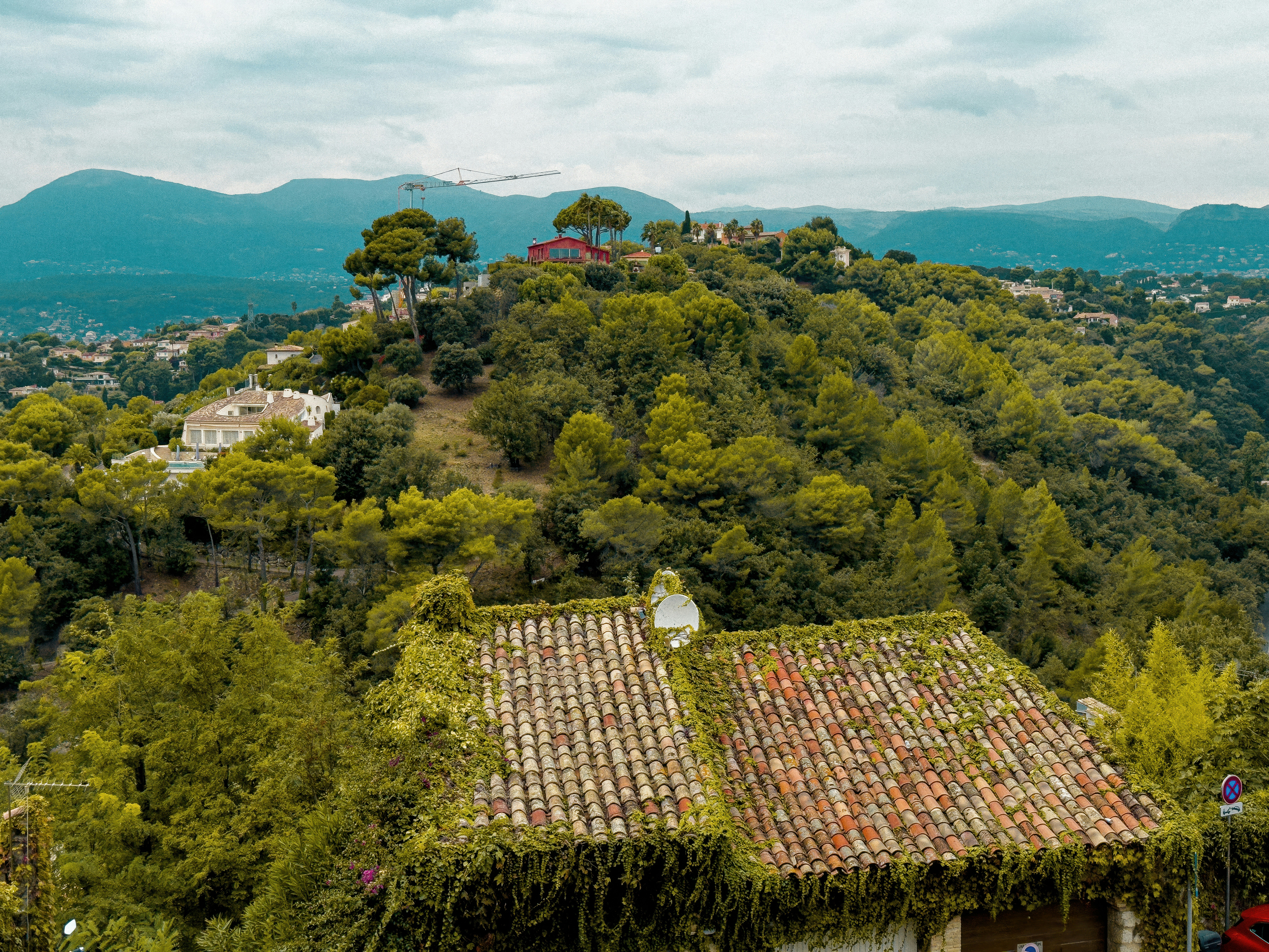 A rustic house with a vine-covered roof nestled on a lush hillside under a cloudy sky.
