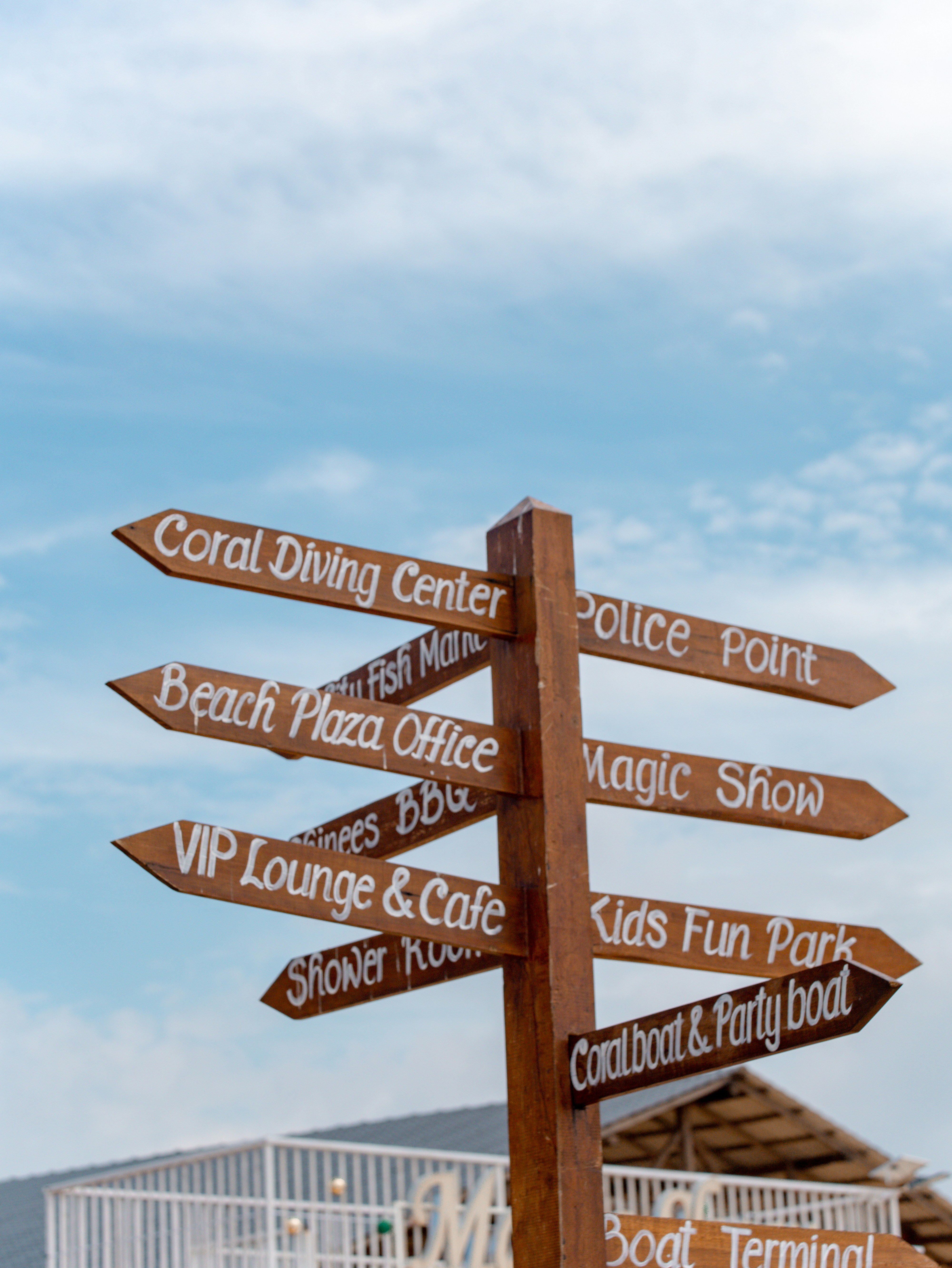 A rustic wooden directional sign on a coastal boardwalk with a clear blue sky in the background. Each arrow points toward exciting beach destinations, evoking a sense of adventure, exploration, and relaxation by the sea.