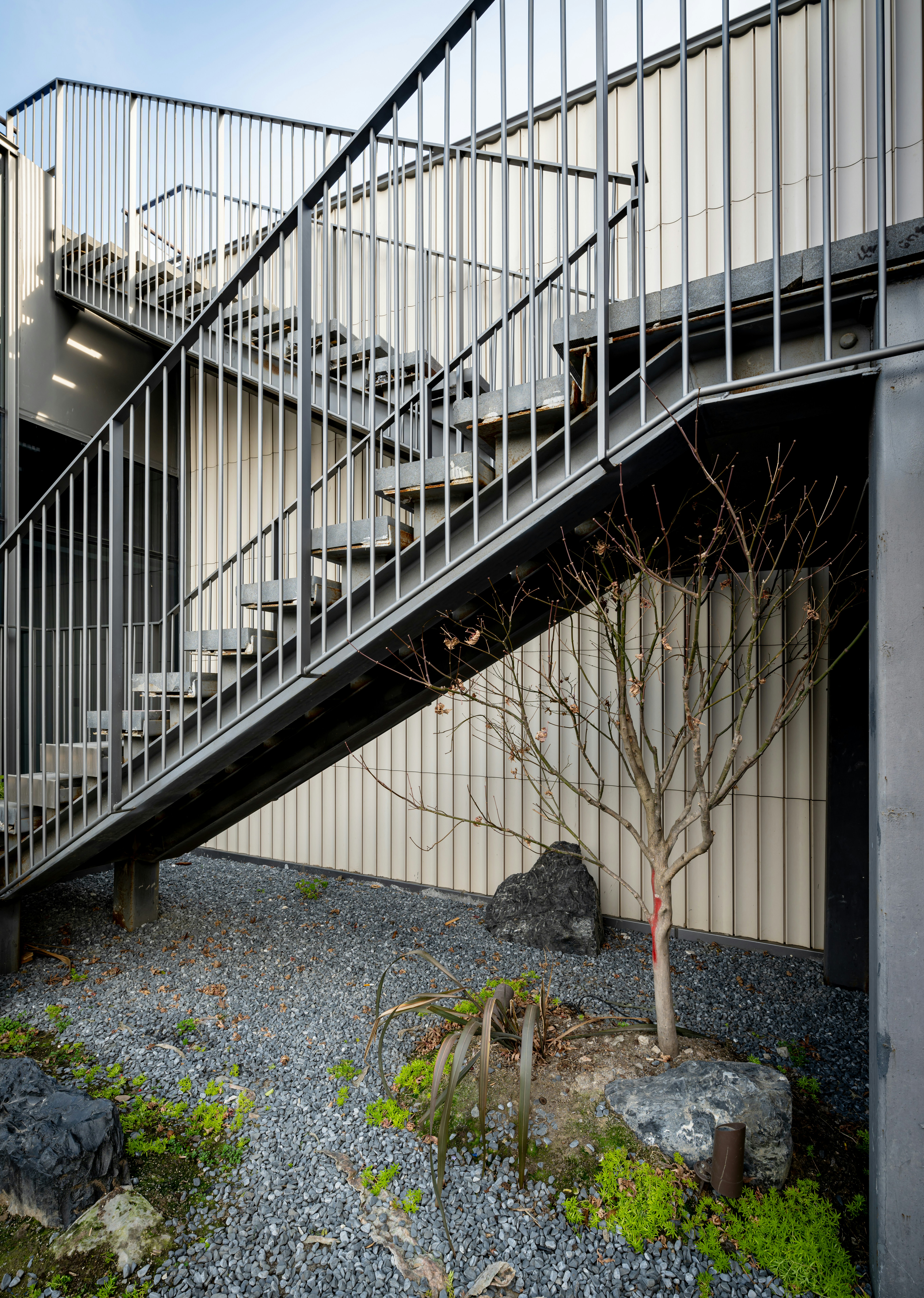 A spiral staircase next to a building with moss growing on the ground ...