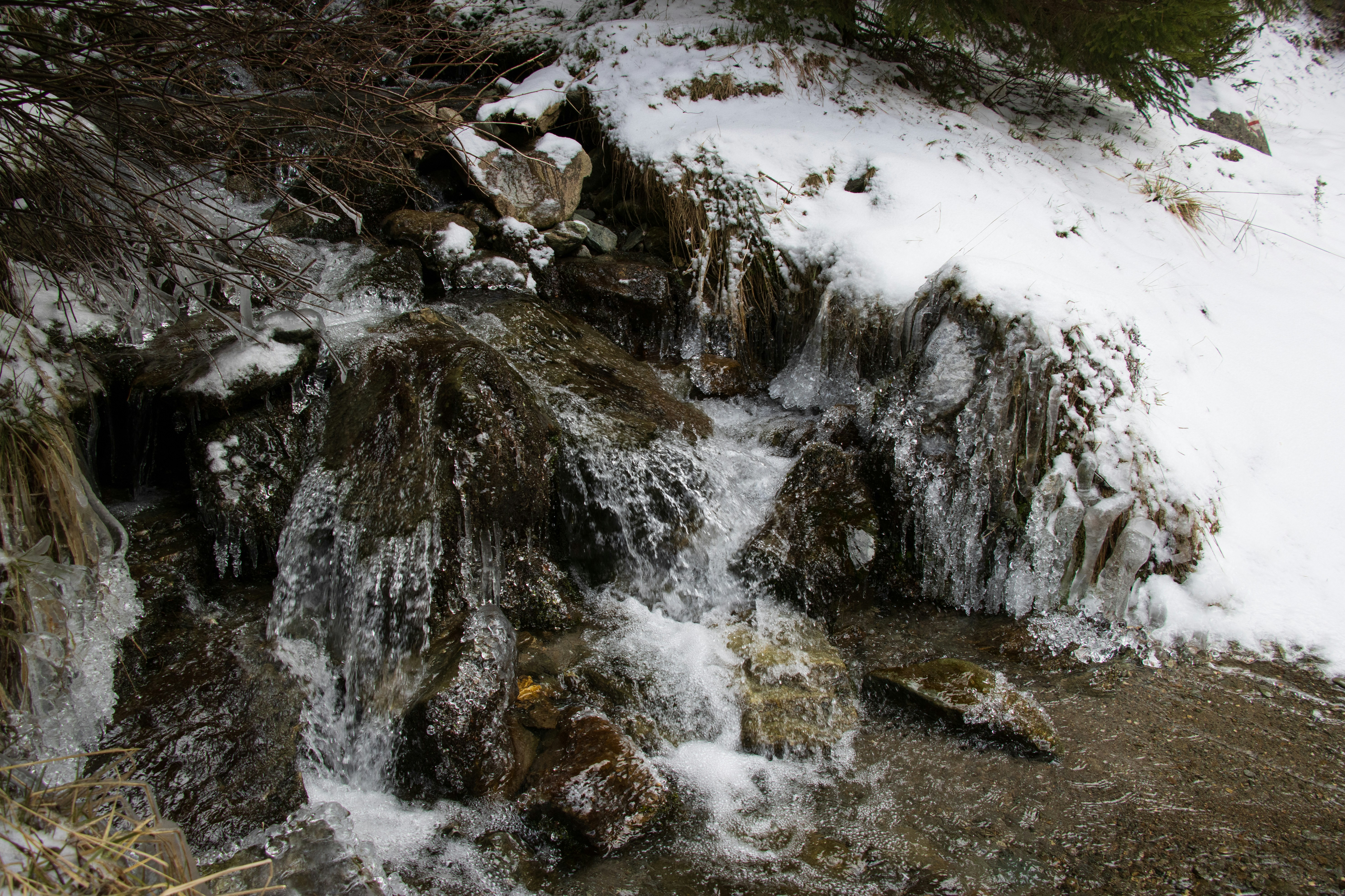 A stream of water running down a snow covered hillside photo – Free ...