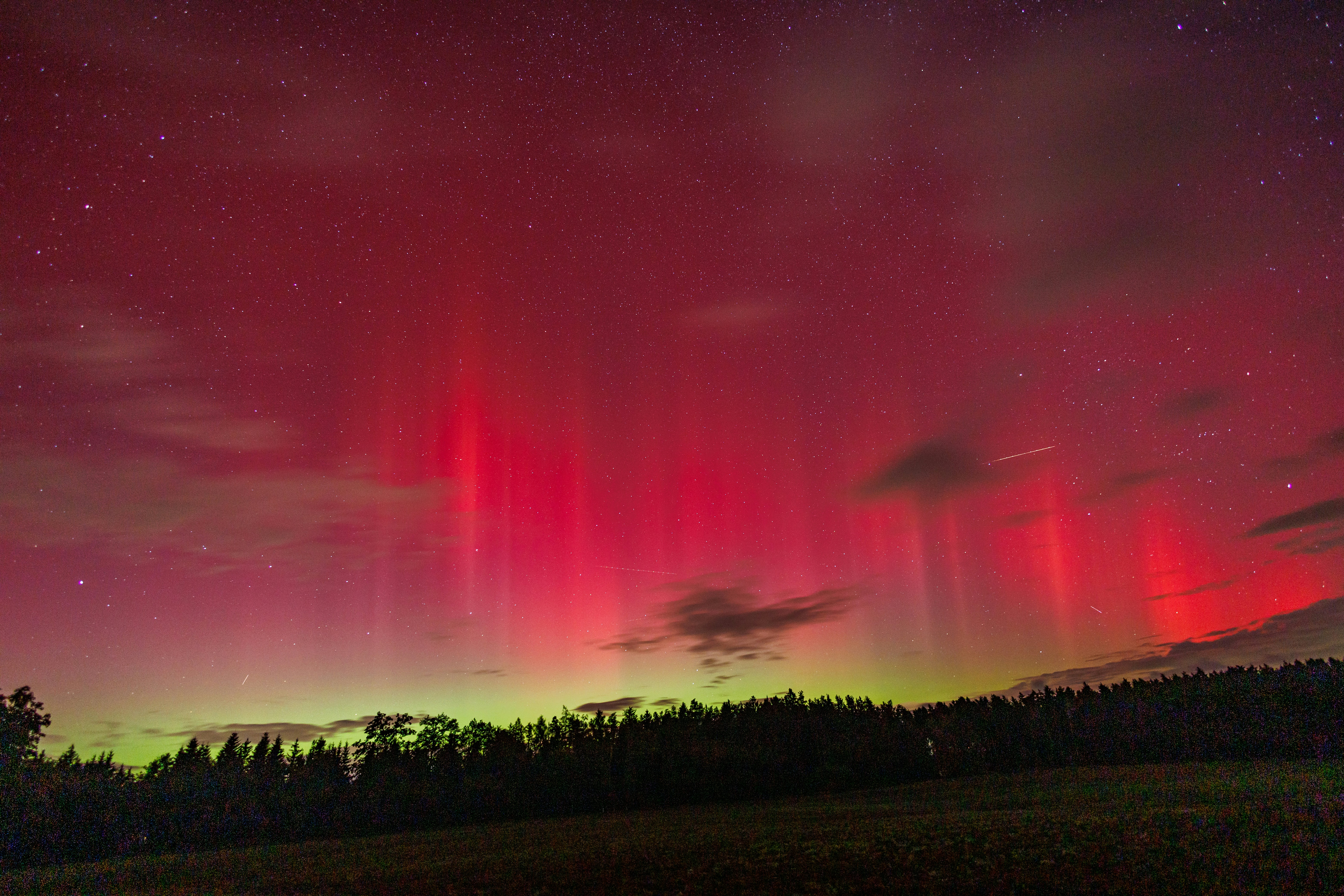 A red and green aurora over a green field photo – Free Nature Image on ...