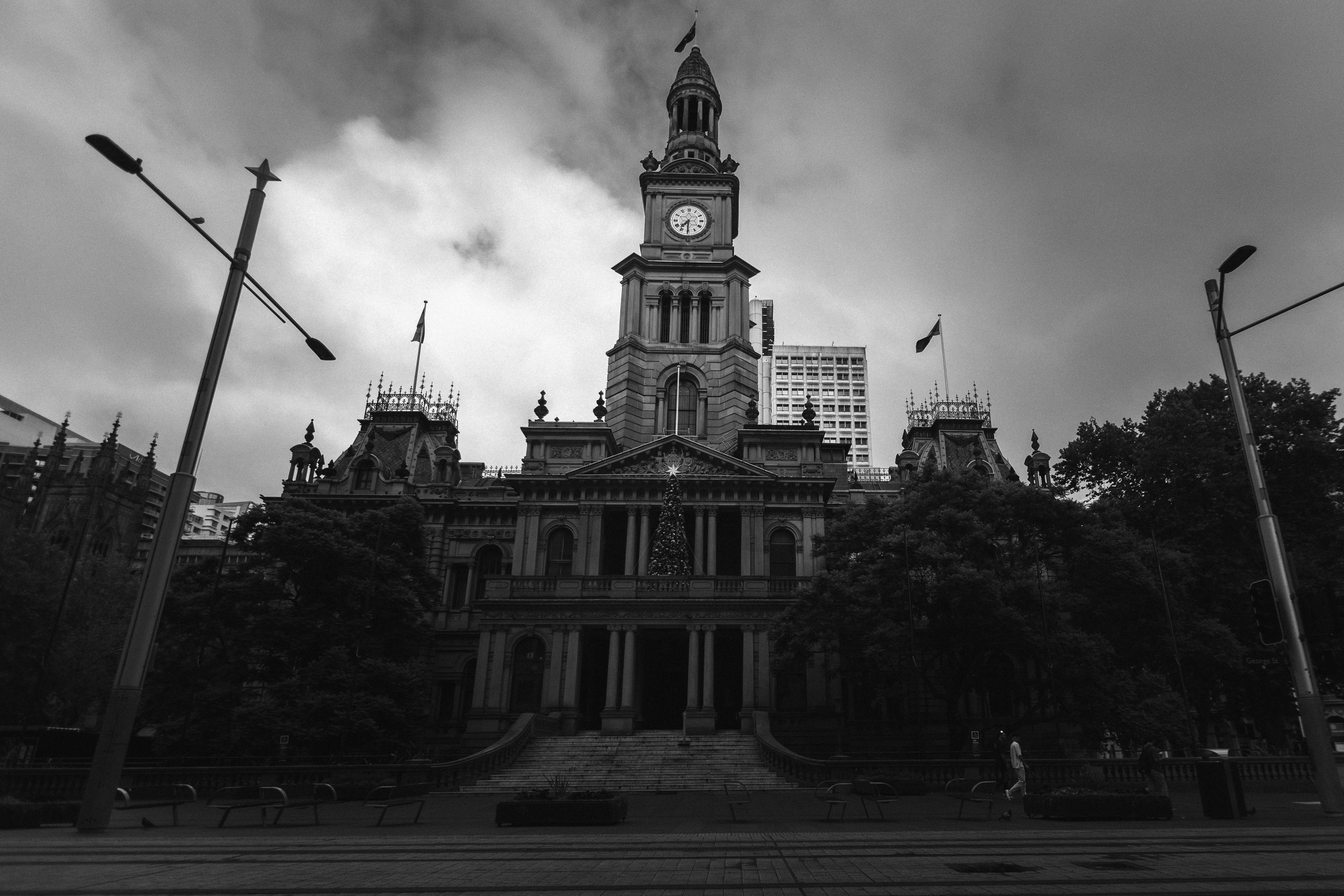Noir Clocktower over a Silent City Hall