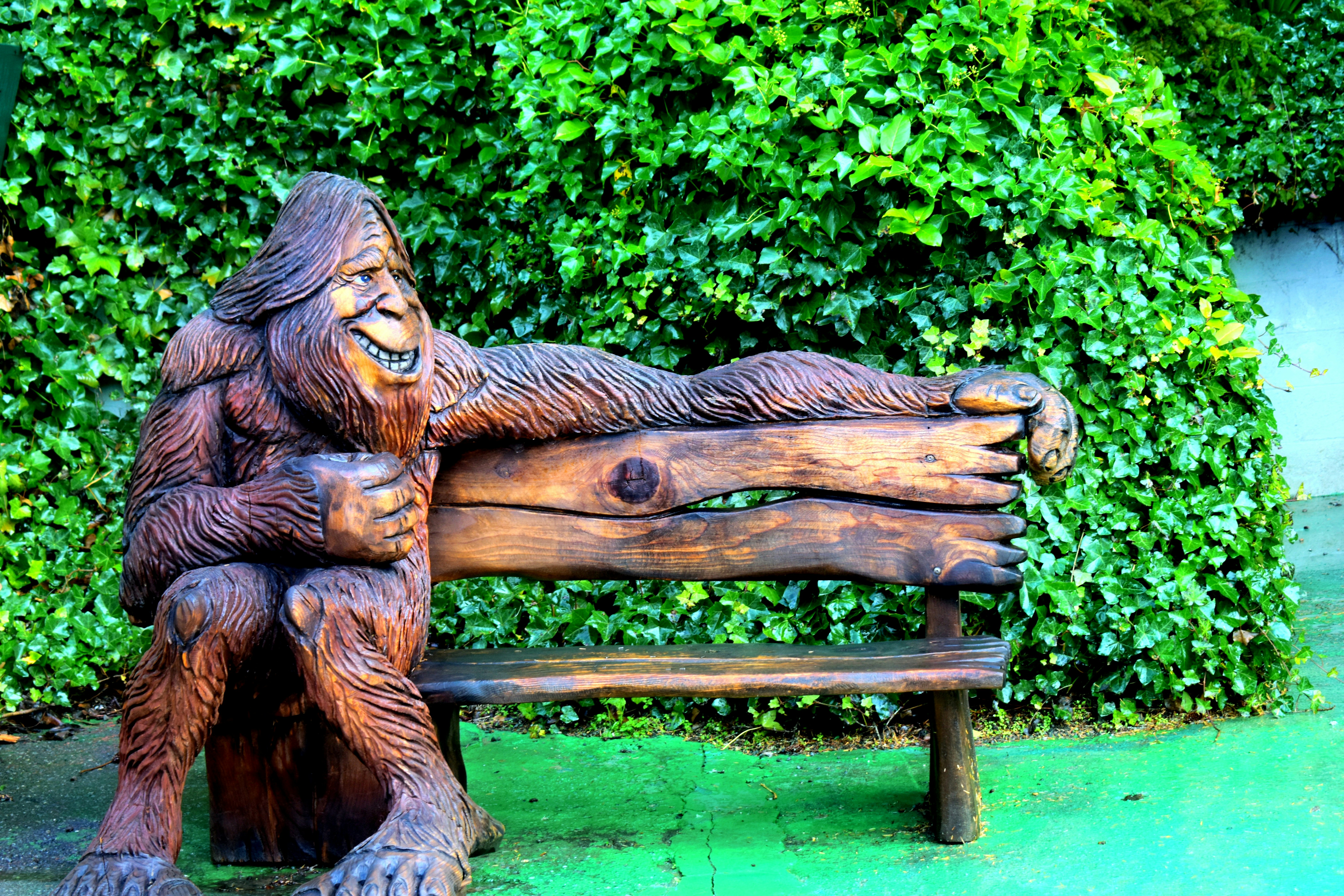 A statue of a gorilla sitting on top of a wooden bench photo – Free ...