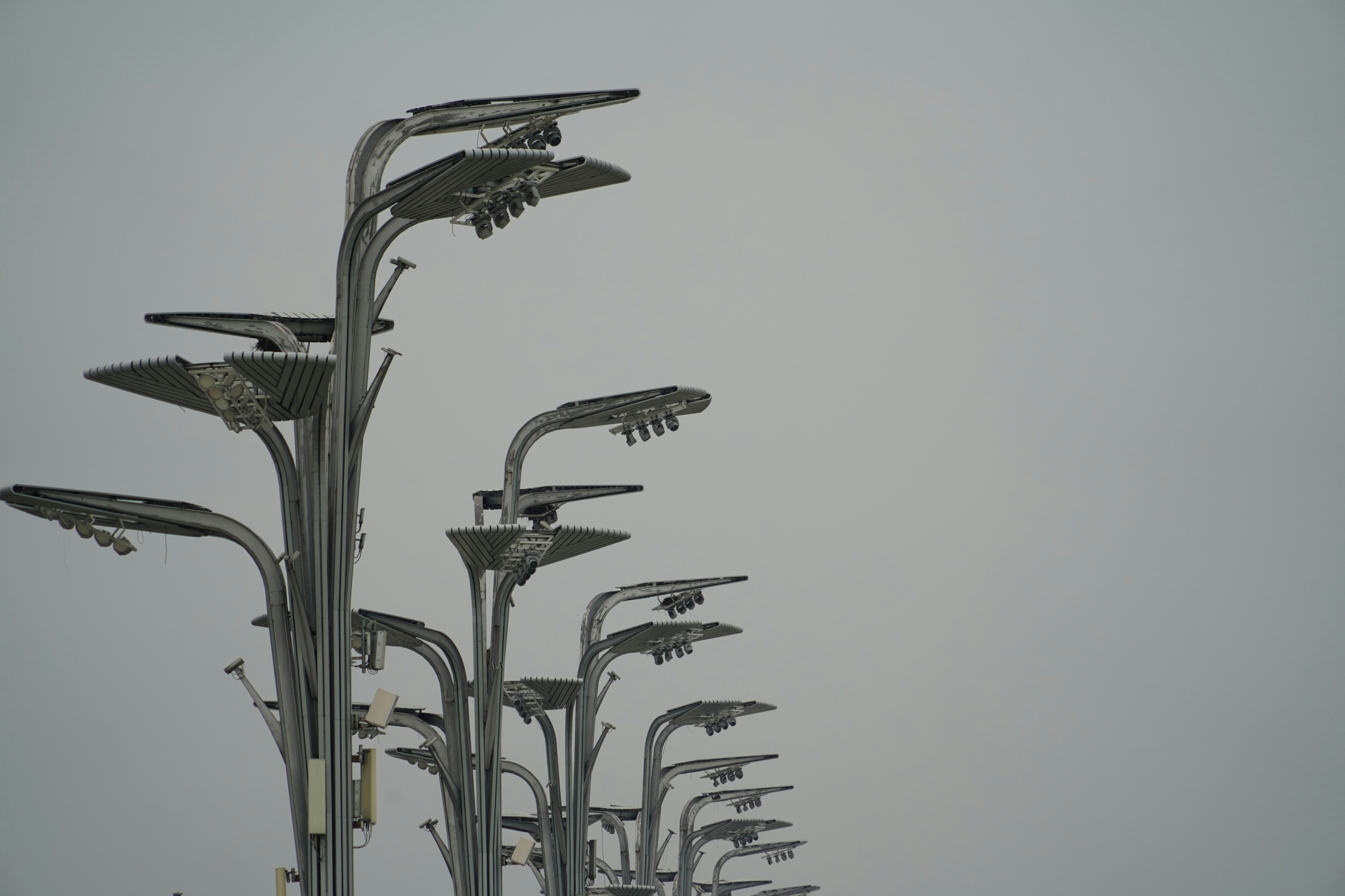 Modern streetlights with unique designs stand against a gray sky in an artistic arrangement.